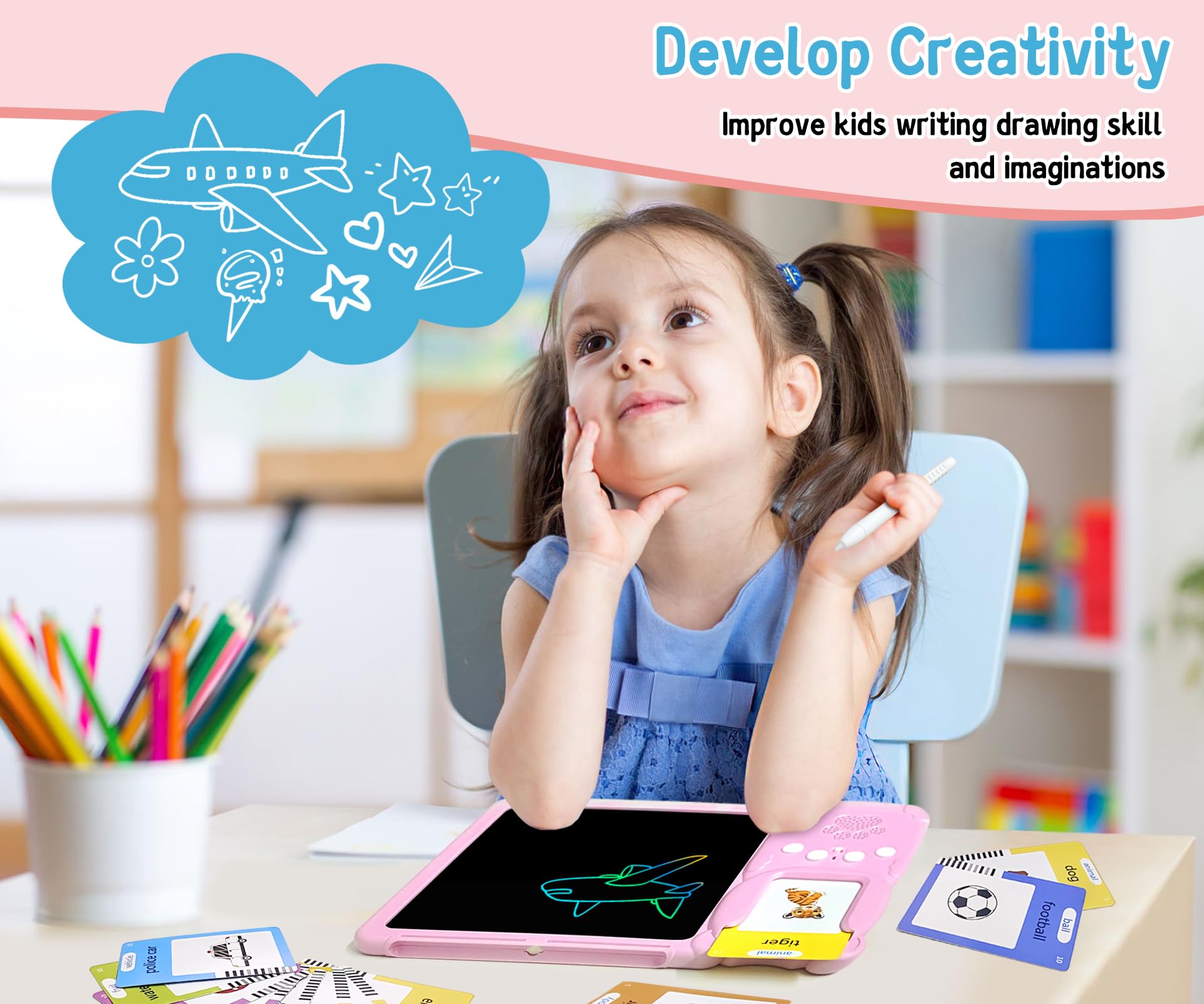 Rylai Toddler Toys Drawing Tablet with Talking Flash Card, Drop Resistant LCD Writing Tablet,510 Sight Words Pocket Speech Audible Flashcards, Learning & Education Toys for 2,3,4,5,6 Years Old Pink