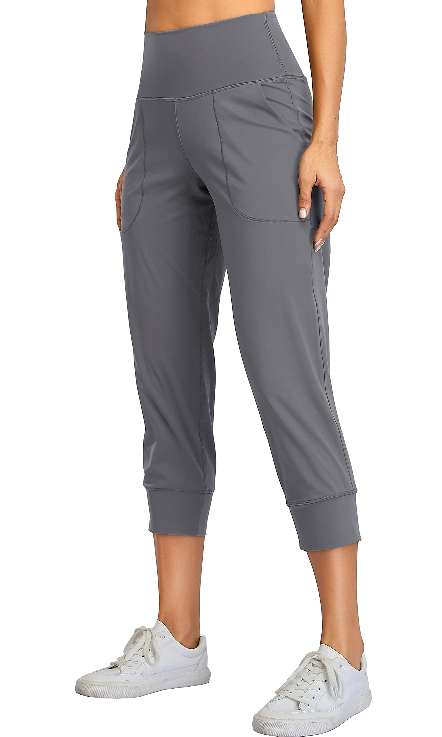 Oalka Womens Capri Joggers High Waist Pockets Running Sweatpants Jogger Pants Light Grey M