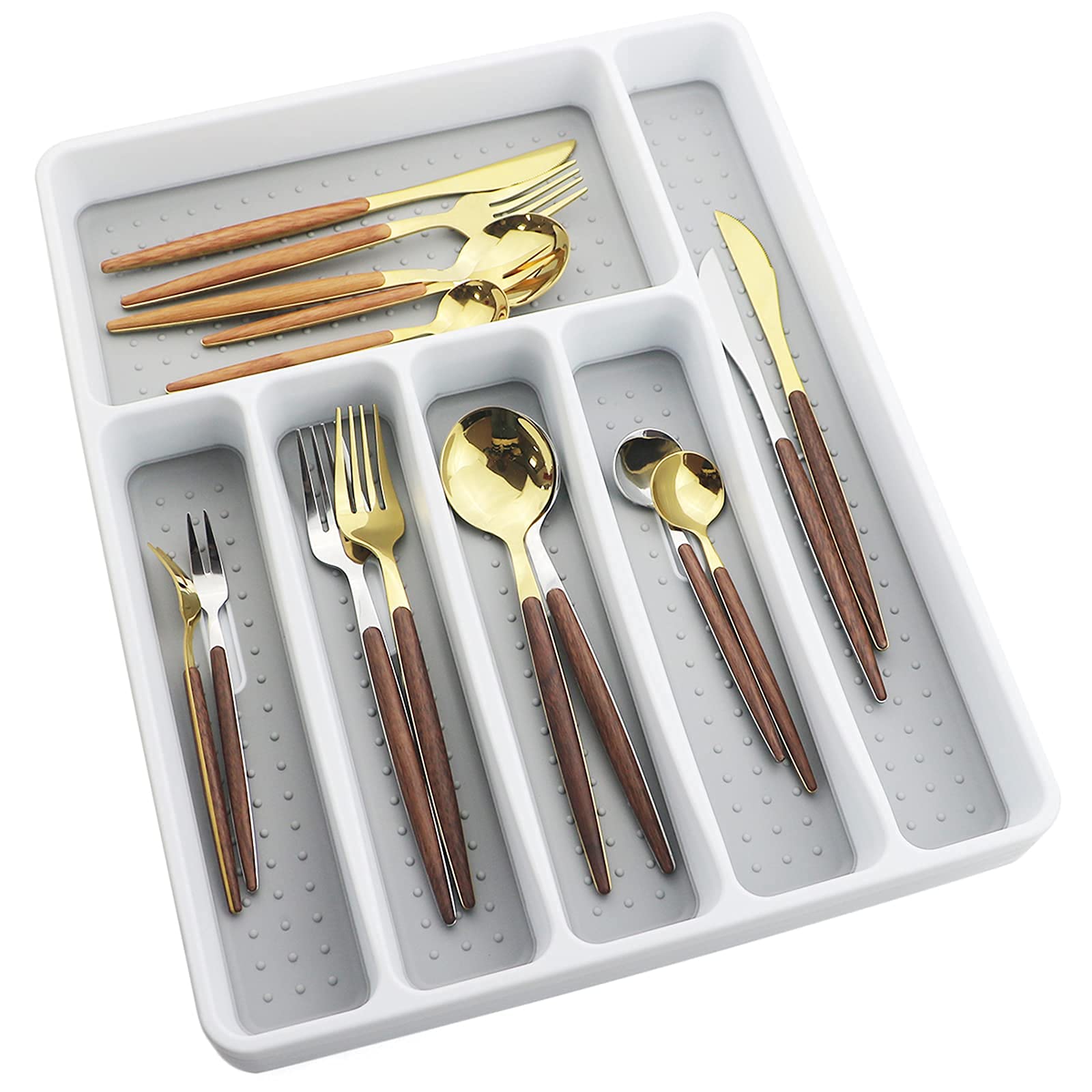 Uniturcky Classic Large Cutlery Tray, Silverware Tray for Drawer, 6 Compartment Flatware Organizer Holder/Divider, Multi-Purpose Storage With Non-slip Rubber Feet for Kitchen, Office, Bathroom