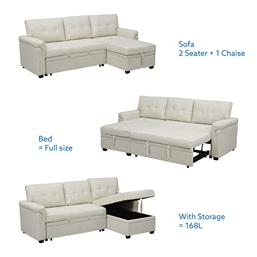 Naomi Home Diora Sectional Sleeper Sofa - Elegant L-Shaped Couch Convertible Pull-Out Bed, Ample Storage, Timeless Design, Sturdy Construction, Long-Lasting for Modern Living, Air Leather, White