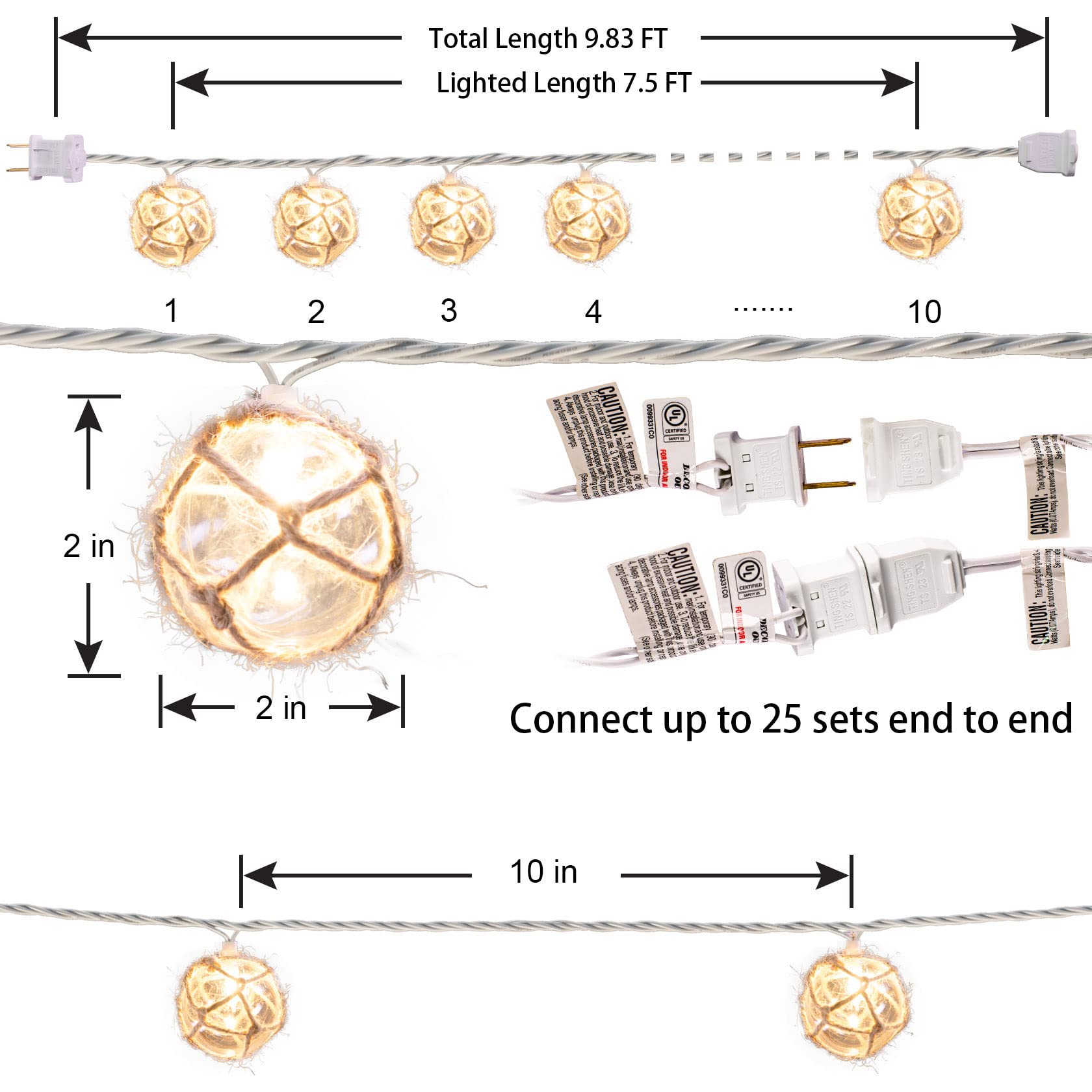 Nautical Fish Float String Lights Outdoor, Beach String Lights Set of 10 Clear G50 Ball Nautical Float Lights String for Room Wall Decor Outdoor Patio Decorations