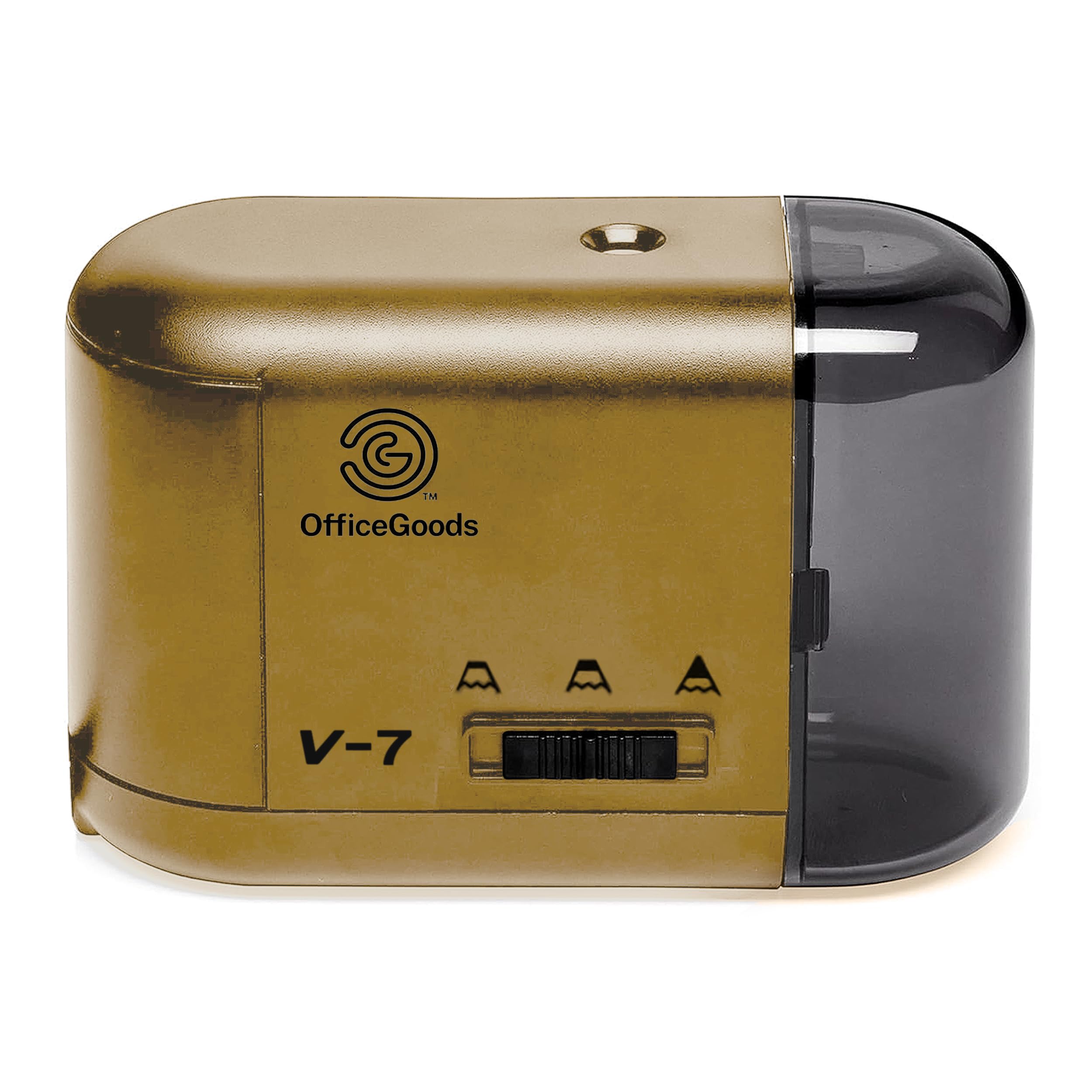 OfficeGoods Electric Pencil Sharpener - Battery or Cord Powered Portable Sharpener - Perfectly Sharpens Colored Pencils, Drafting Pencils for Kids, Adults, Office, School and Home - Gold