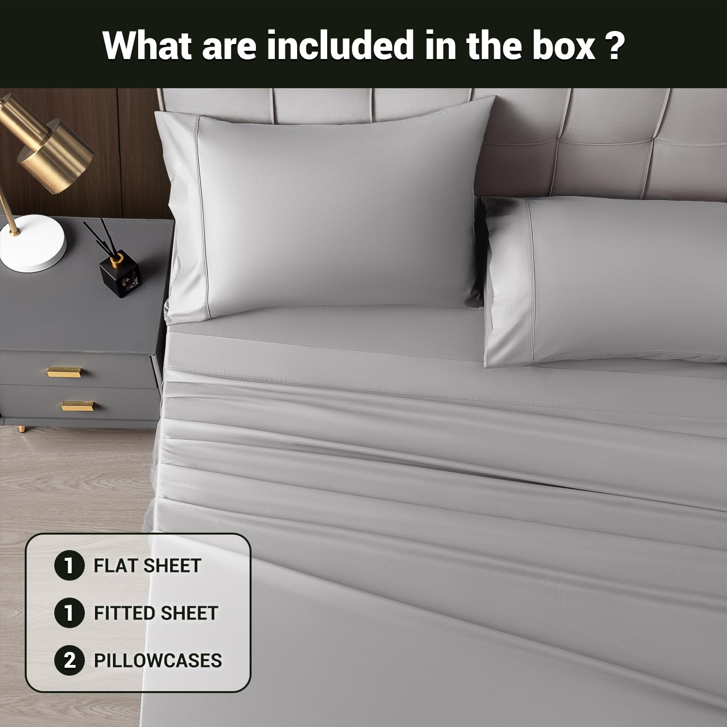 Shilucheng 4-Piece King Size Sheets Set,Blend of Rayon Derived from Bamboo_Sheets,Cooling & Breathable Bed Sheets, Silky Bedding Sheets & Pillowcases, 16 Inch Deep Pockets (King,Grey)