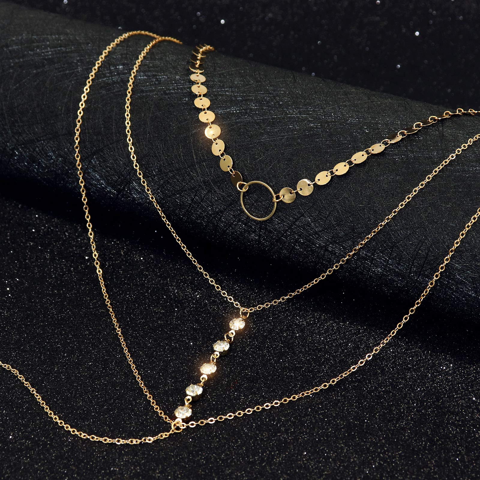 Suyi Stylish Layered Sequins Choker Necklace with Thin Long Chain Pendant for Women Lady (Crystal Gold)