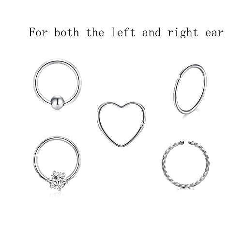 QWALIT 16g Daith Earrings Surgical Steel Tragus Helix Cartilage Piercing Jewelry Heart CZ Small Hoop Earring Silver