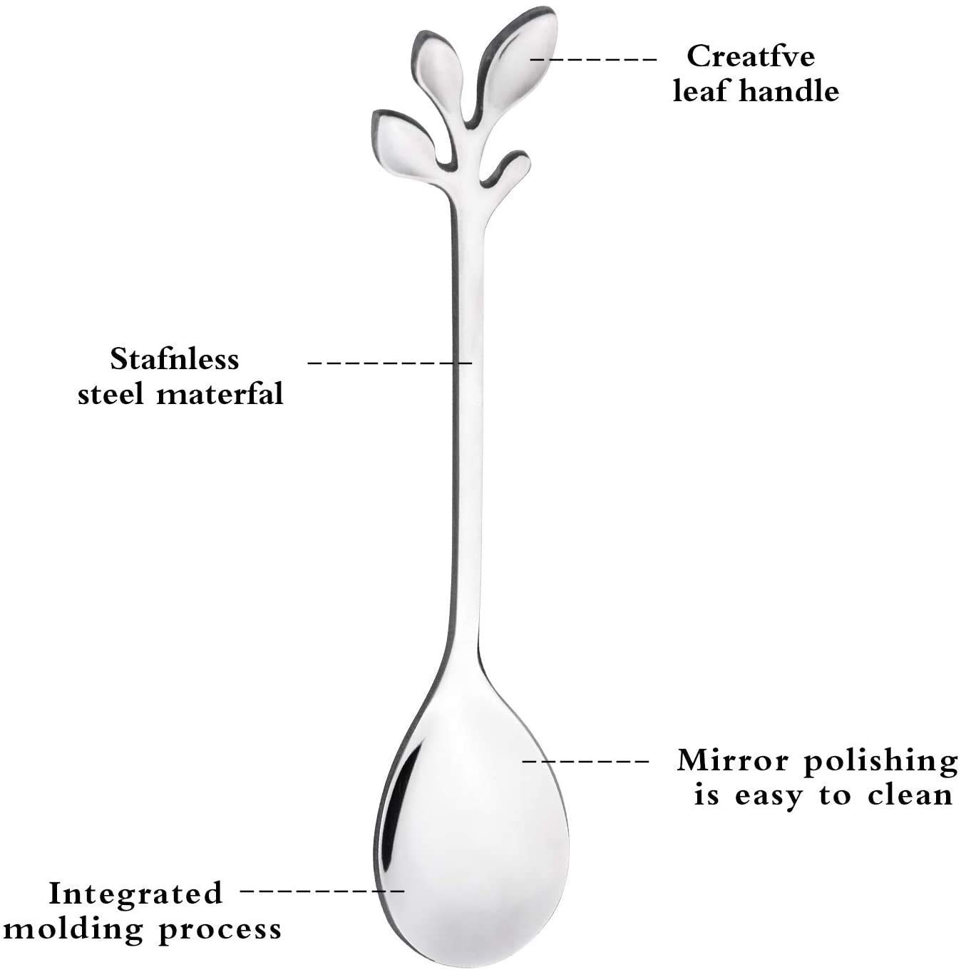 Stainless Steel Leaf Coffee Spoon, SZBAIDEKJ 10 Pcs Creative Tableware Dessert Spoons, Stirring, Mixing, Sugar, Stir, Ice Cream Teaspoon Set (Silver)