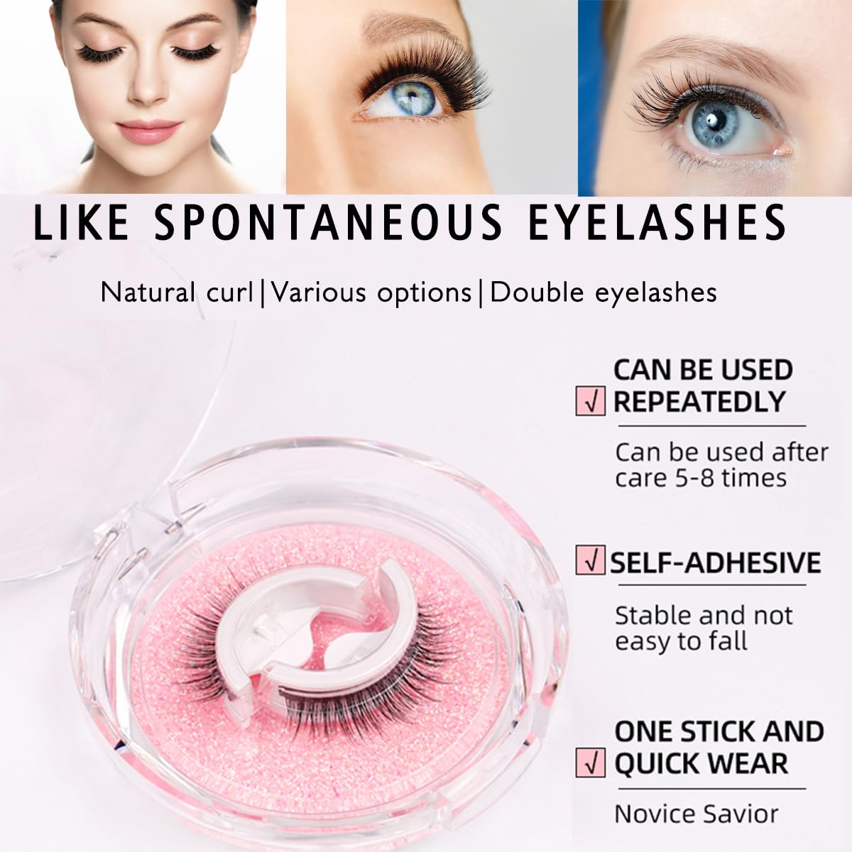 Self Adhesive Eyelashes - 3 Pairs Reusable False Eyelashes Non-Slip Waterproof Fake Eyelashes Natural Look,No Glue Eyelashes 3 Different Types Natural Look