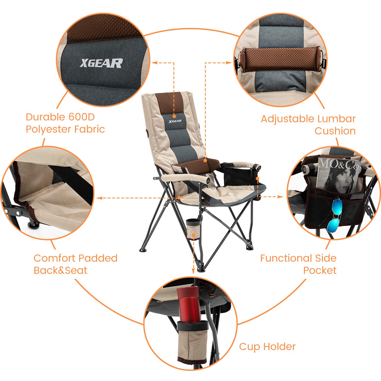 Outdoor Lumbar Support Camping Chair Padded Lawn Chair Folding Chair