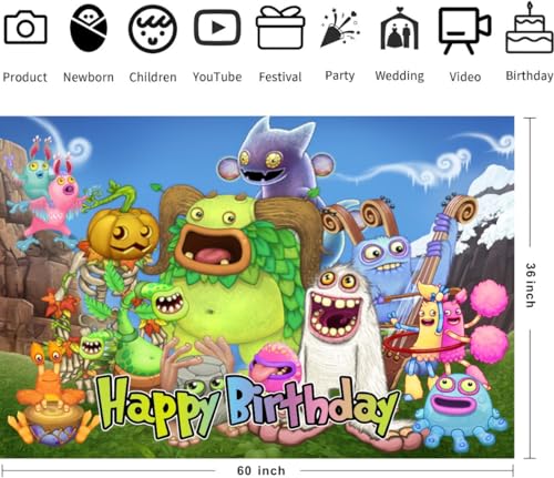 Singing Monsters Birthday Decorations, Singing Monsters Happy Birthday Banner Backdrop for Singing Monsters Birthday Party Supplies (5x3ft)