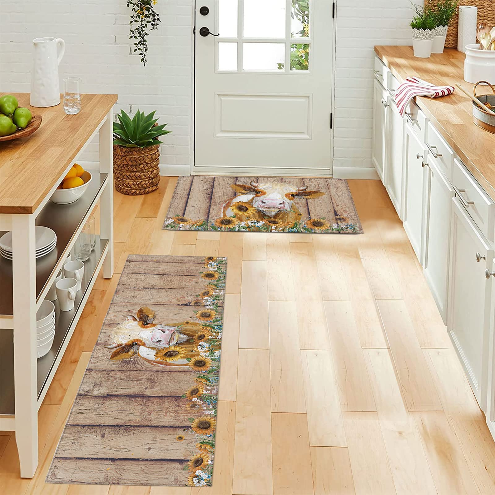 Set of 2 Non-Slip Kitchen Mat 2 Piece Sunflower Cow Comfort Standing Kitchen Mat Waterproof and Oil Proof Farmhouse Animals Cute Rustic Wood