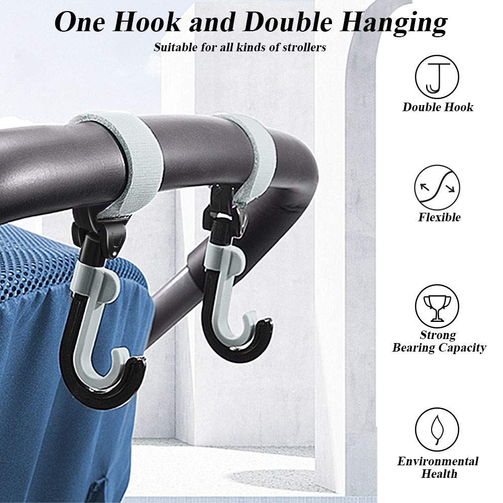 Stroller Hooks | 2 Pack of Multi Purpose Hooks | 360 Swivel Stroller Clips for Mommy, Perfect Stroller Accessories for Hanging Diaper Bags, Groceries, Clothing, Purse