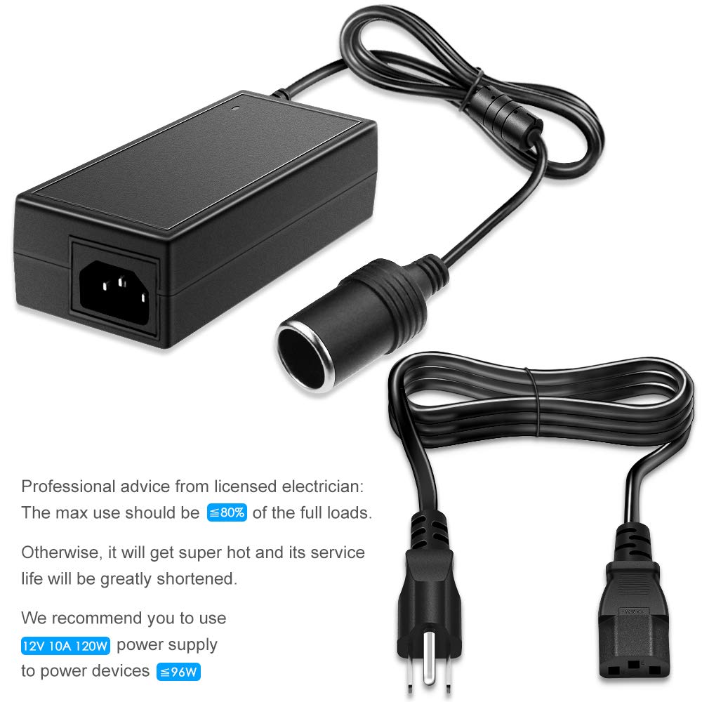 SHNITPWR AC to DC Converter 12V 8A 96W Power Supply Adapter with Car Lighter Socket 100~240V AC to DC 12 Volt 8 Amp 6A Transformer for Car Tire Inflator Vacuum Cleaner and Other Car Devices Under 96W