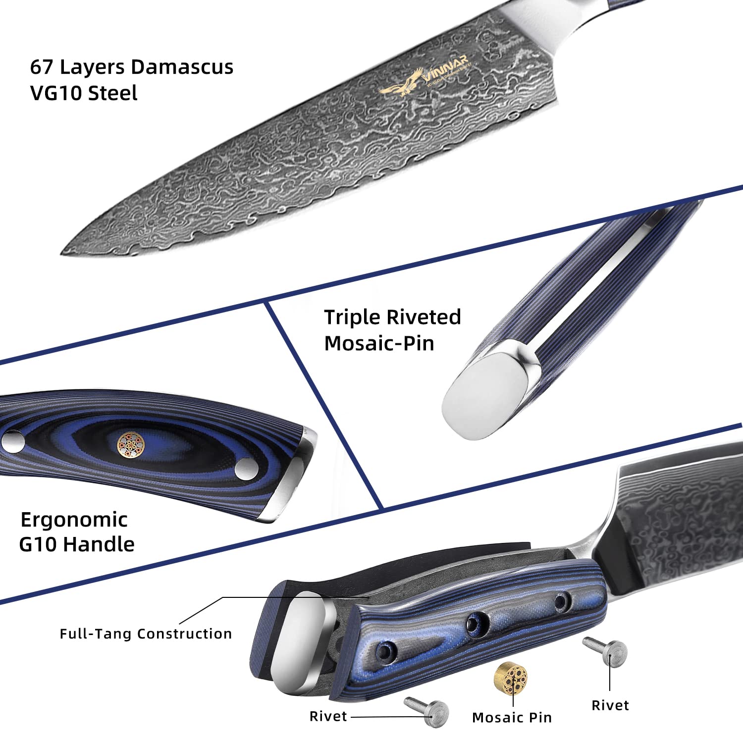 VINNAR Damascus Chef Knife, Japanese VG-10 Super Sharp 8 inch Professional Kitchen Knives, Ergonomic Blue G10 Handle,Sharpest Cooking Knife Best Choice for Home Kitchen and Restaurant