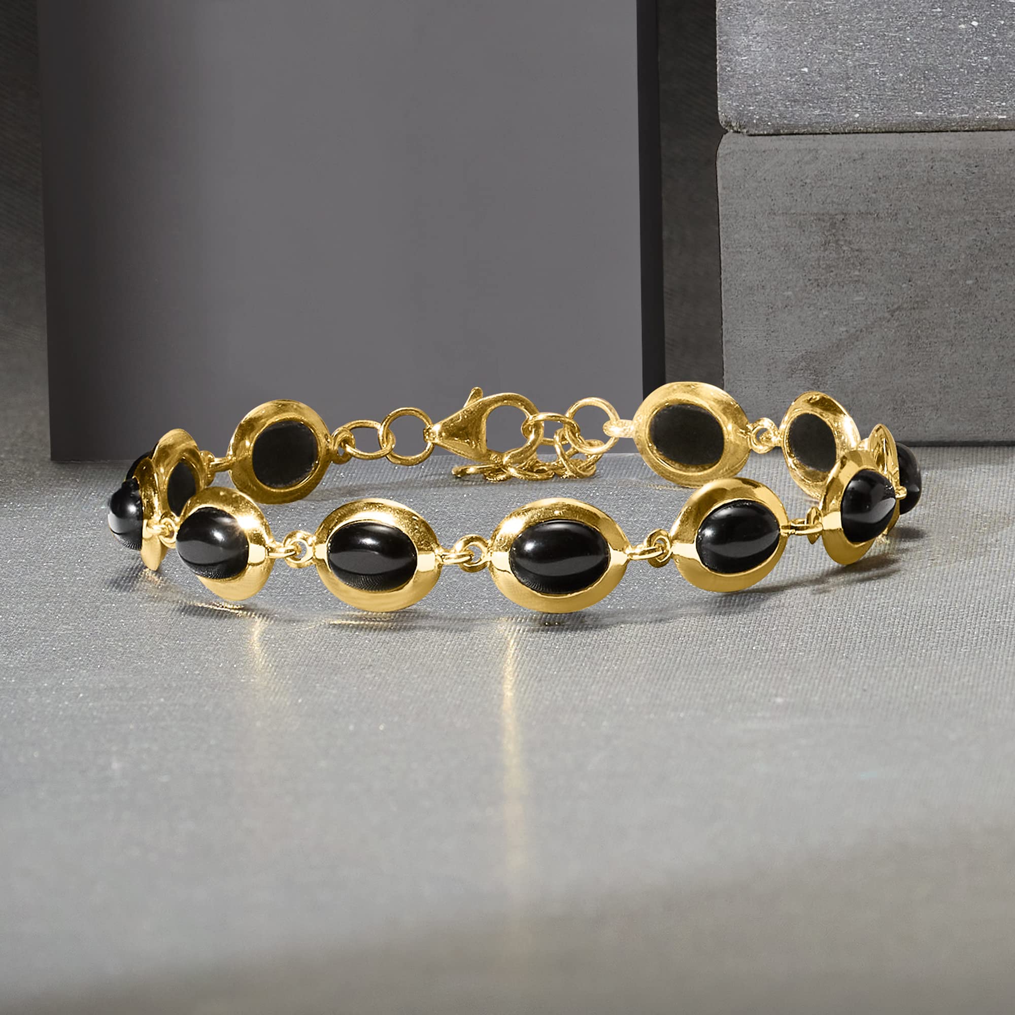 Ross-Simons Black Onyx Bracelet in 18kt Gold Over Sterling. 7 inches