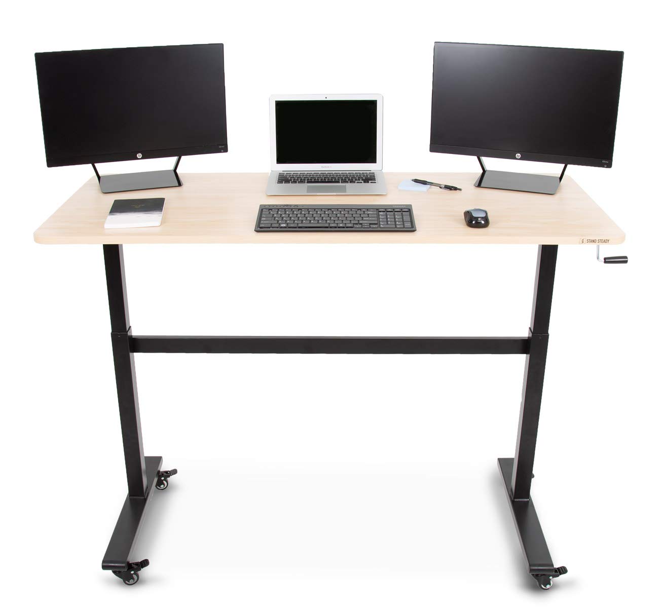 Stand Steady Tranzendesk | 55 Inch Standing Desk with Detachable Wheels | Crank Height Adjustable Sit to Stand Workstation | Modern Ergonomic Desk Supports 3 Monitors (Maple)