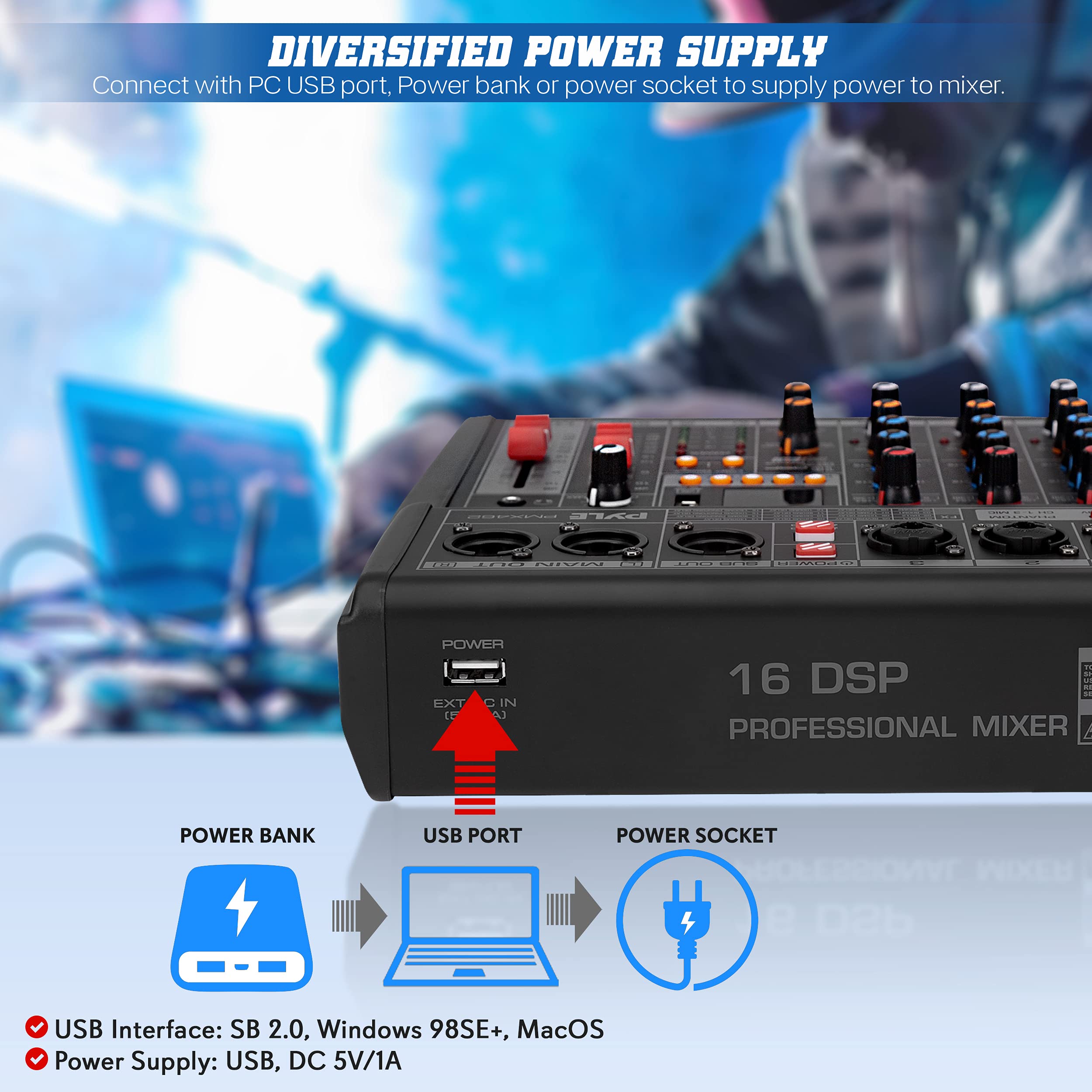 Pyle Professional Bluetooth DJ Audio Mixer - 3 - Channel DJ Controller Sound Mixer w/DSP 16 Preset Effects, USB Interface, 3 Mic/Line Input, Built-in FX Processor MP3 Player, Headphone Jack -PMX462