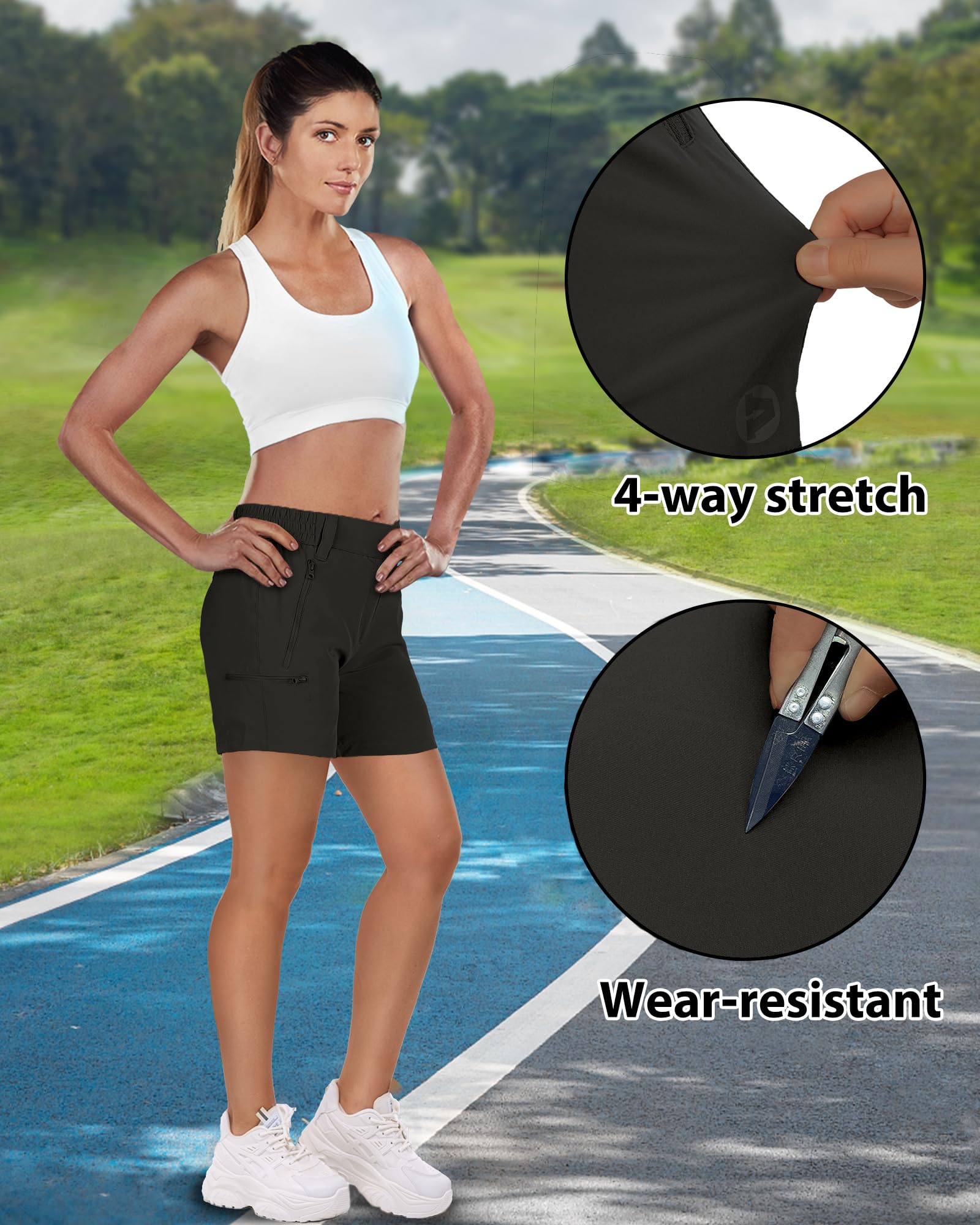 Outdoor Ventures Women's 5" Hiking Shorts Stretch Lightweight Golf Shorts Quick Dry UPF 50+ Cargo Short for Camping, Travel Black