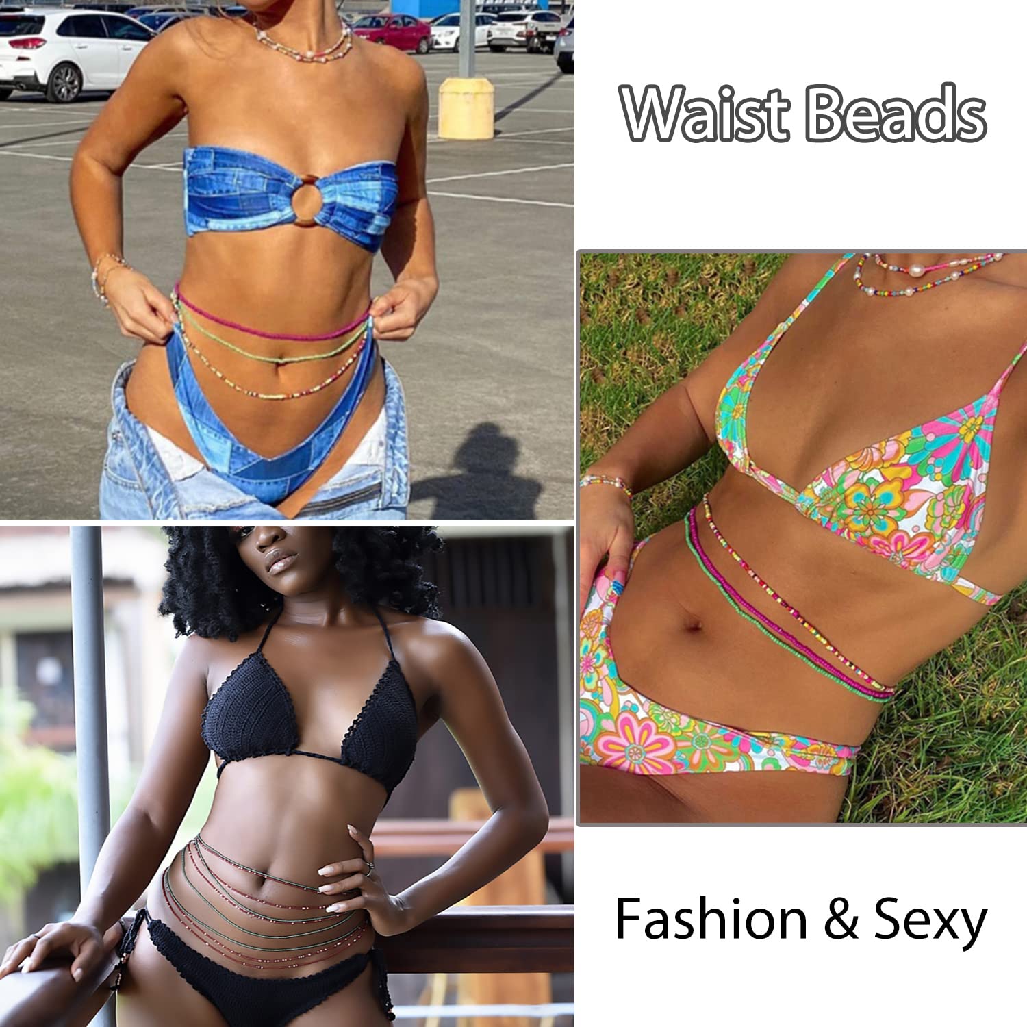 TOBENY SHIWE 24PCS Waist Bead Chains for Women Colorful Summer Body Chains Belly Beads Bikini Jewelry Chains Bead Waist Chains Set