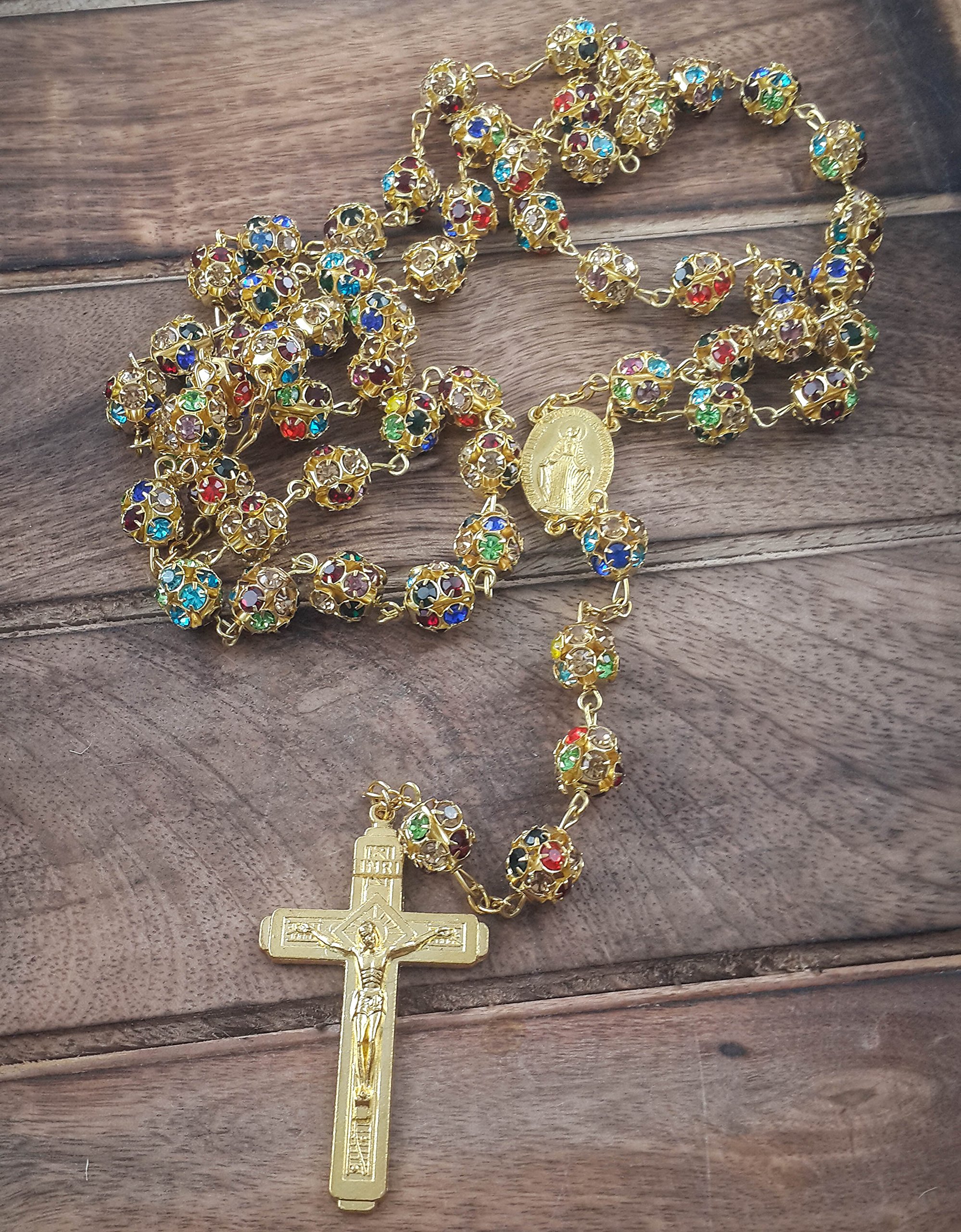 Nazareth Store Gold Plated Rosary Necklace with Colorful Crystallized Beads Miraculous Medal Cross Crucifix