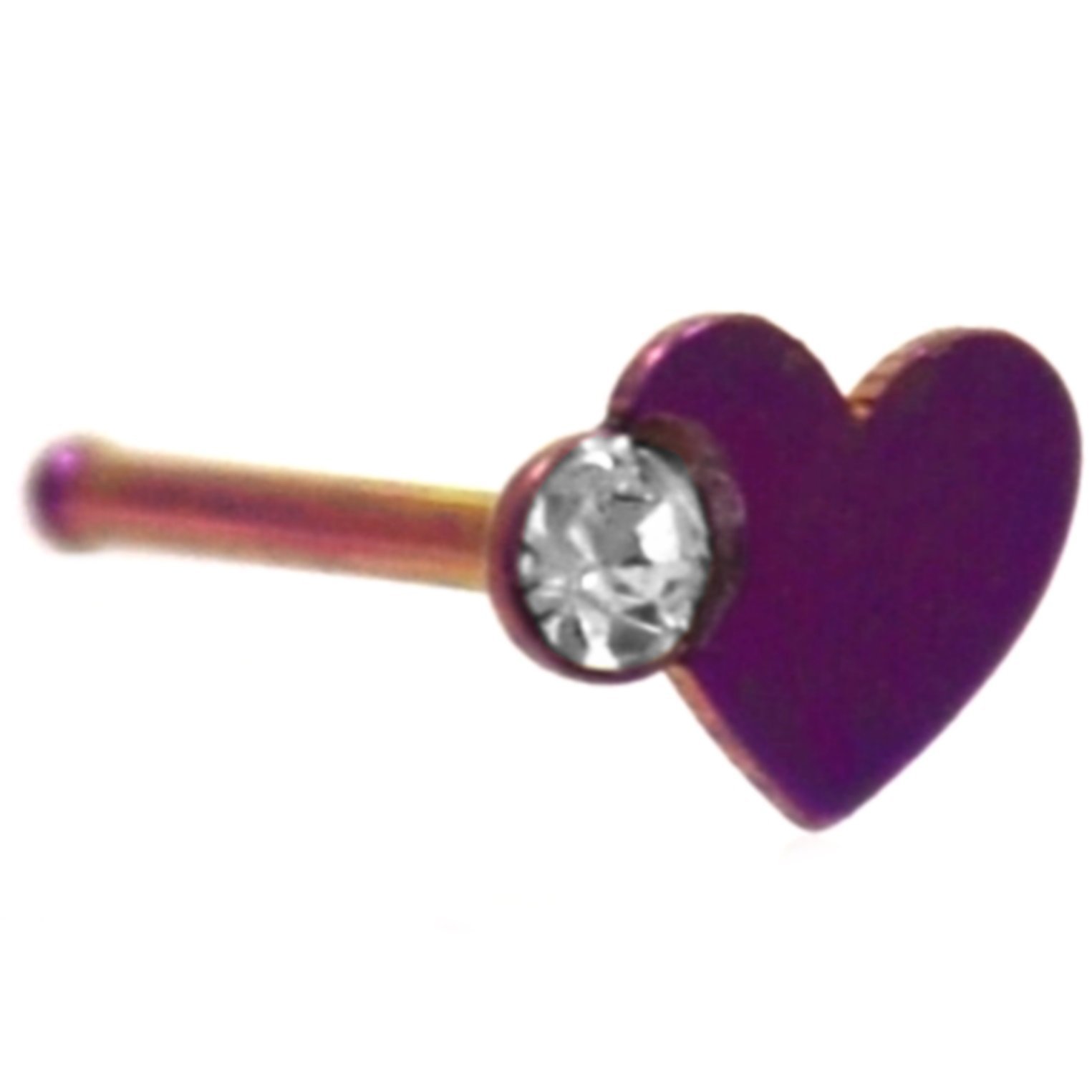 Offset Heart & Accent Nose Ring Straight Stud 20 Gauge (Purple)