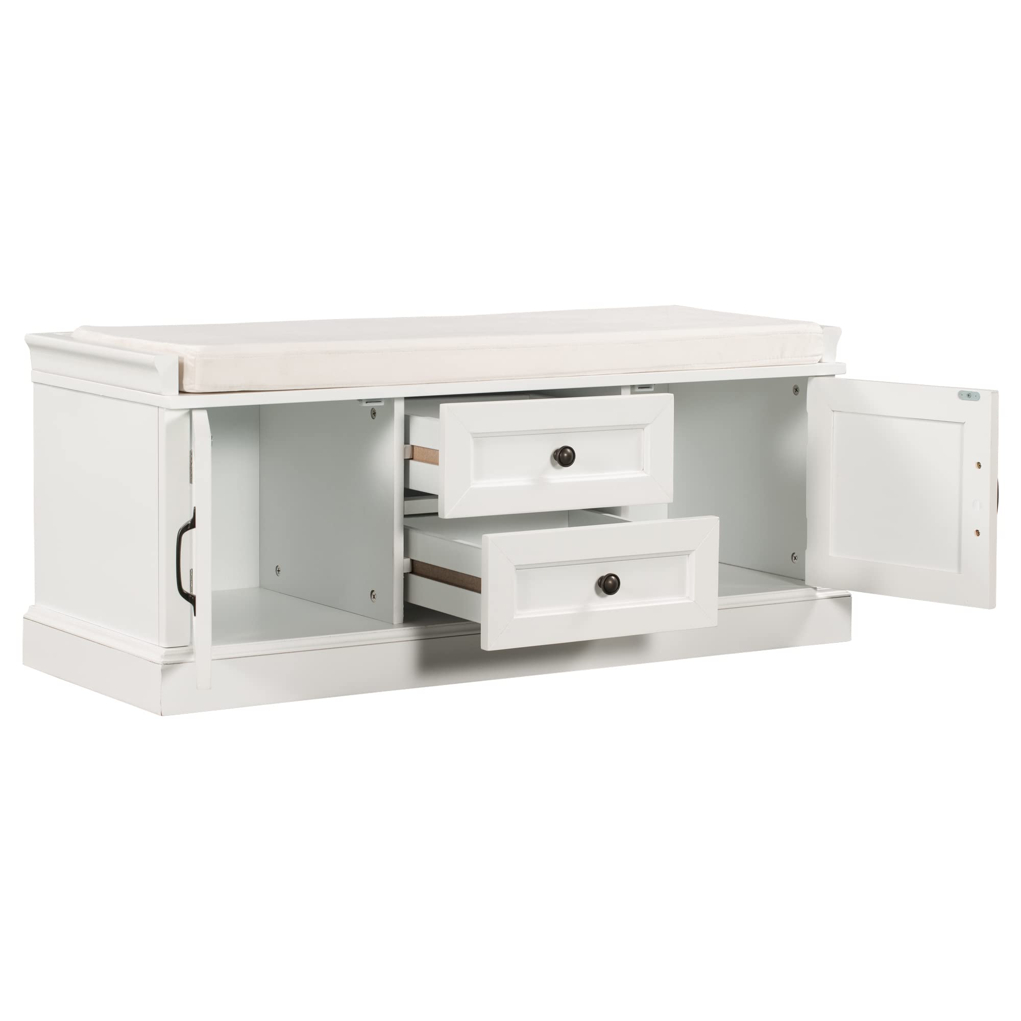 Shoe Bench Entryway with Storage, Entryway Bench with Removable Cushion, Solid Wood Storage Bench with 2 Drawers and 2 Cabinets for Living Room, Hallway, Closet, 42.5"L x 15.9"W x 17.5"H,White