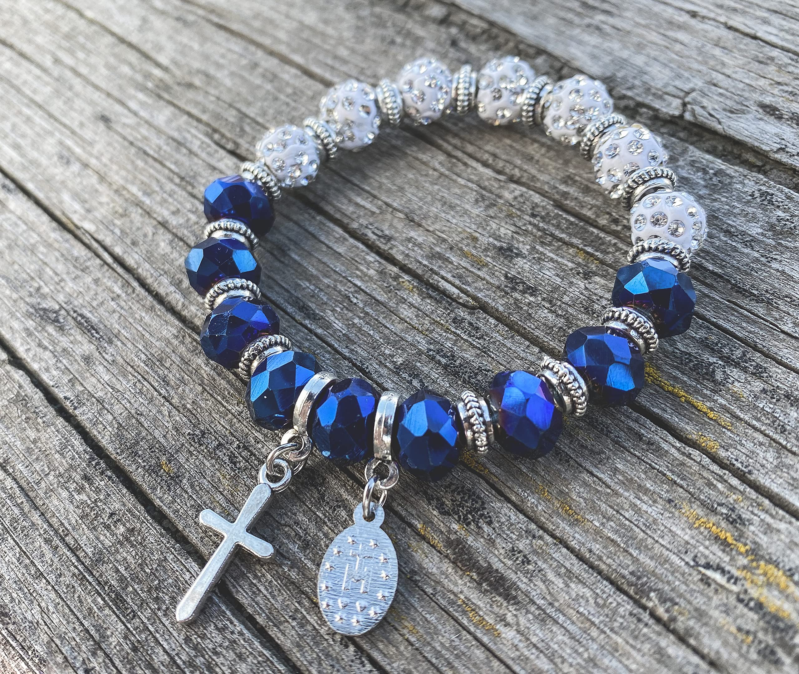 Nazareth Store Women's Beaded Stretch Rosary Bracelet Deep Blue Crystal Beads Bangle Crucifix & Miraculous Medal