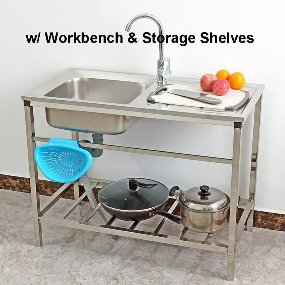 ZHXIPP Freestanding Kitchen Sink Commercial Stainless Steel Single Bowl Sink with Storage Shelves Restaurant Sink Utility Utility Washing Hand Basin 29.5 x15.7 X 29.5 in (Silver)