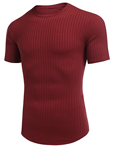 URRU Men's Muscle T Shirts Stretch Short Sleeve Bodybuilding Workout Casual Slim Fit Tee Shirts Wine Red XL