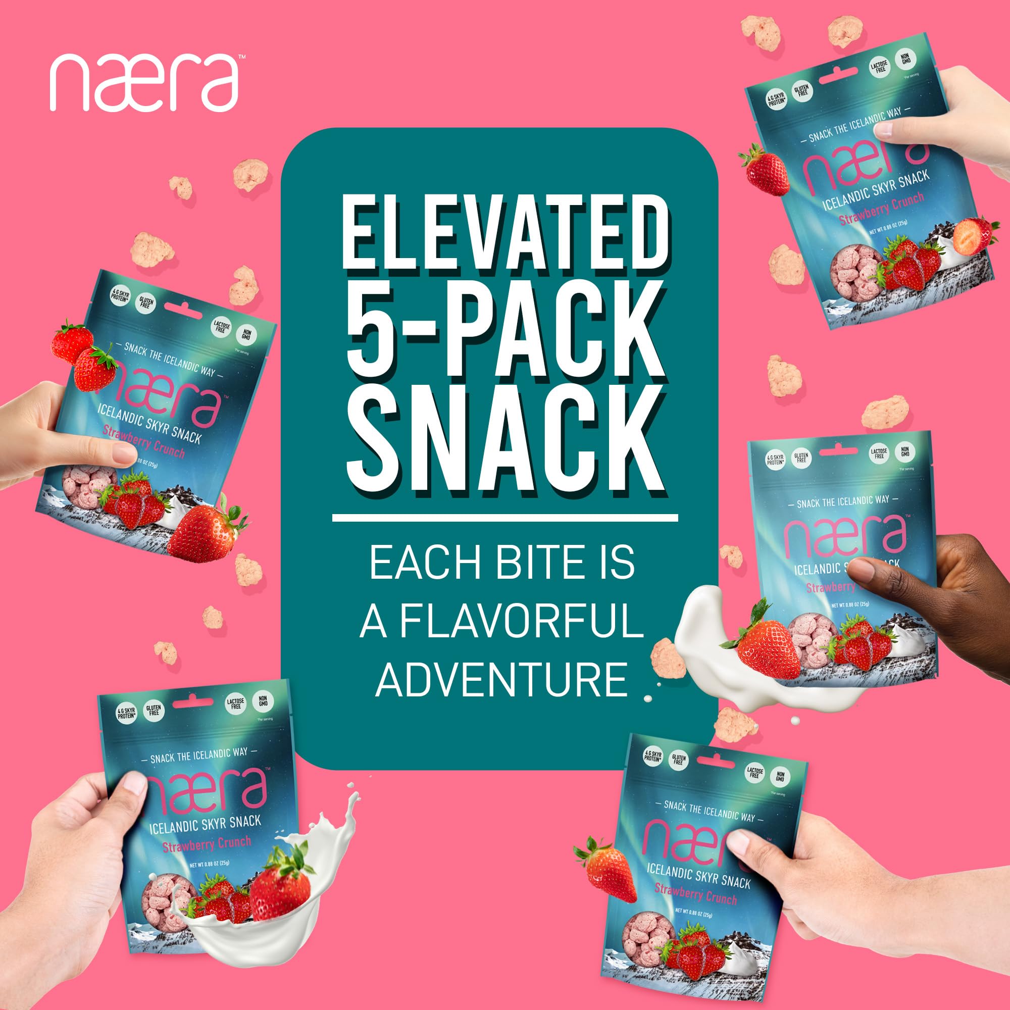 Næra Icelandic - 5-Pack Strawberry (Icelandic Skyr) Crunch Protein Snacks, GMO-Free, Gluten-Free Protein Snacks, Lactose-Free Individual Snacks, Snacks for Adults & Kids, (0.88 oz ea)
