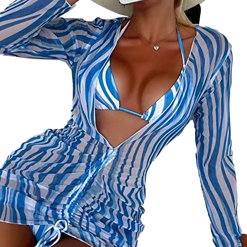Nhicdns Women's 3 Piece Swimsuits Sexy Triangle Halter Bikini Set Mesh Beach Bathing Suit Cover up Dress Blue Stripe X-Large New