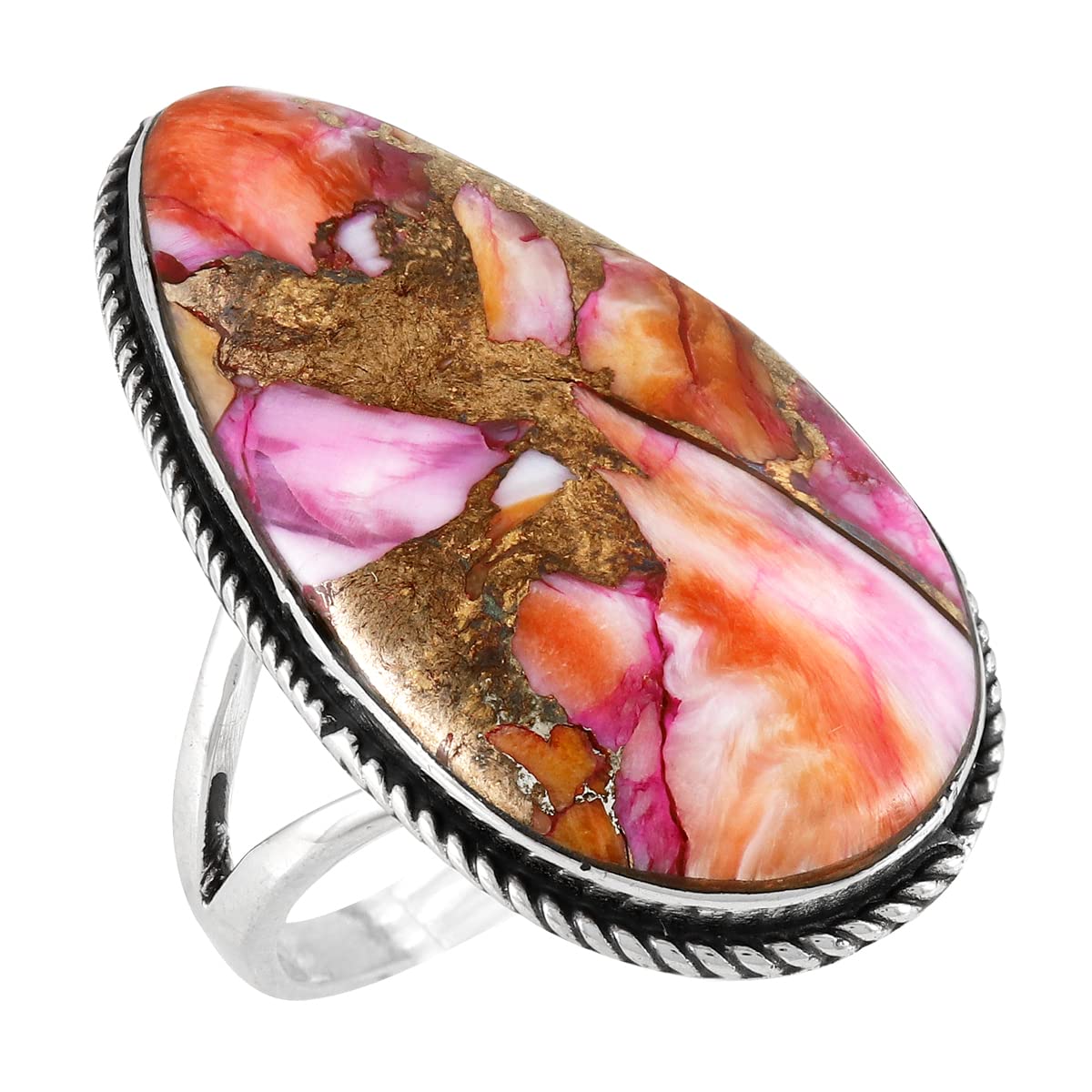 Spiny Oyster & Turquoise Ring in Sterling Silver 925 Genuine Gemstones (Plum Spiny, 8)