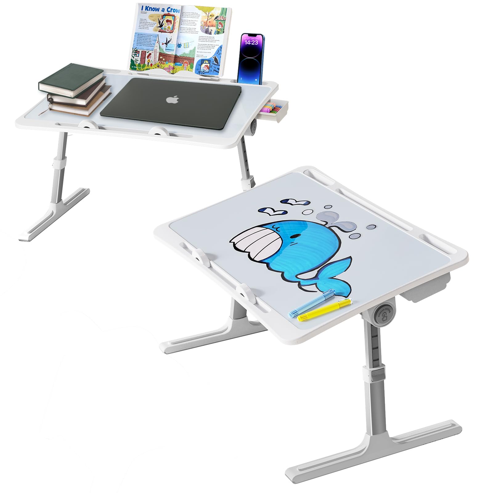 OGRANEE Kids Lap Desk, Dry Erase Table Adjustable Angles Height, Dry Erase Board for Kids with Drawer & Dry Eraser Markers, Foldable Bed Desk for Laptop and Writing, Drawing, Reading, White(24"*16.5")
