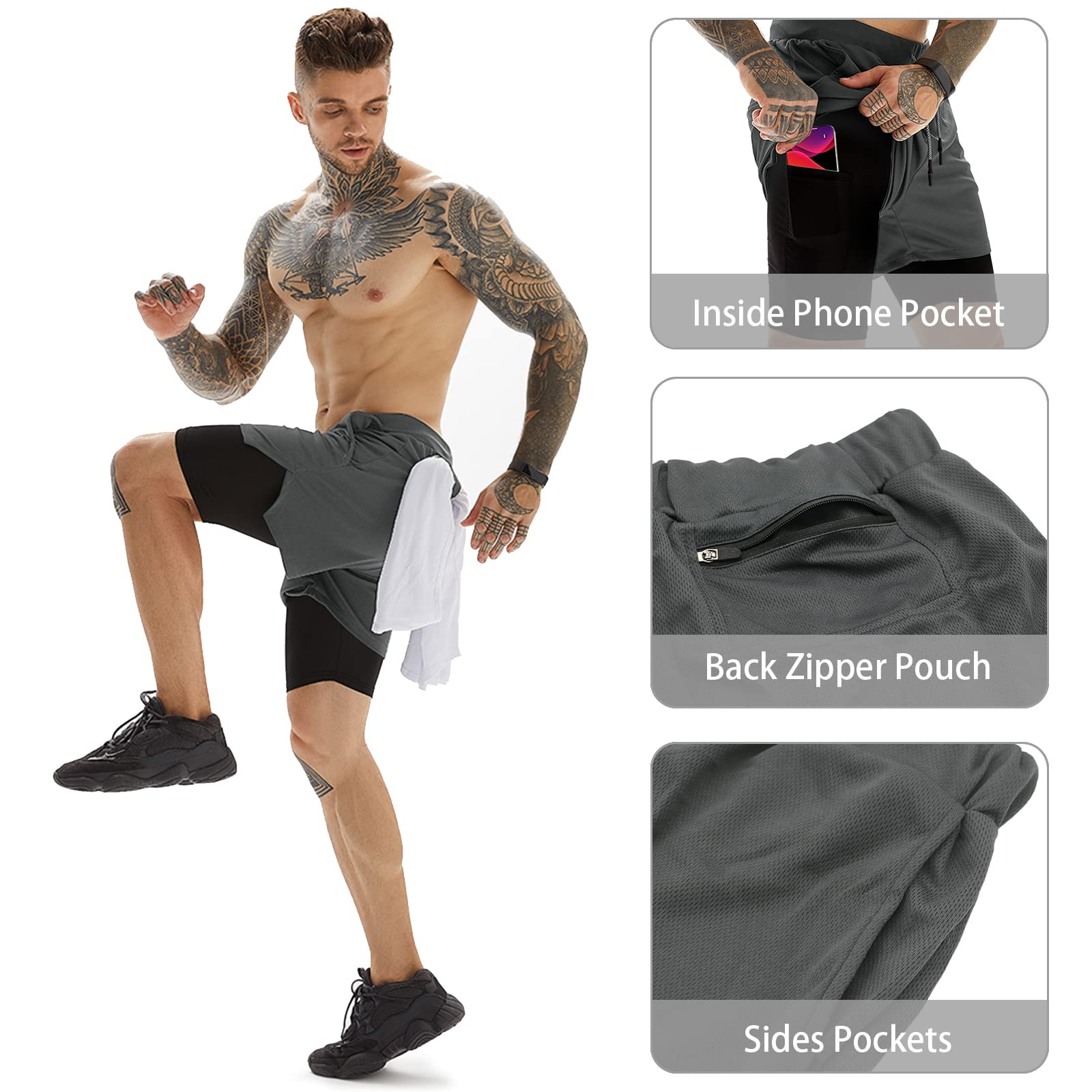 OEBLD Mens Athletic Shorts 2-in-1 Gym Workout Running 7'' Shorts with Towel loop Grey