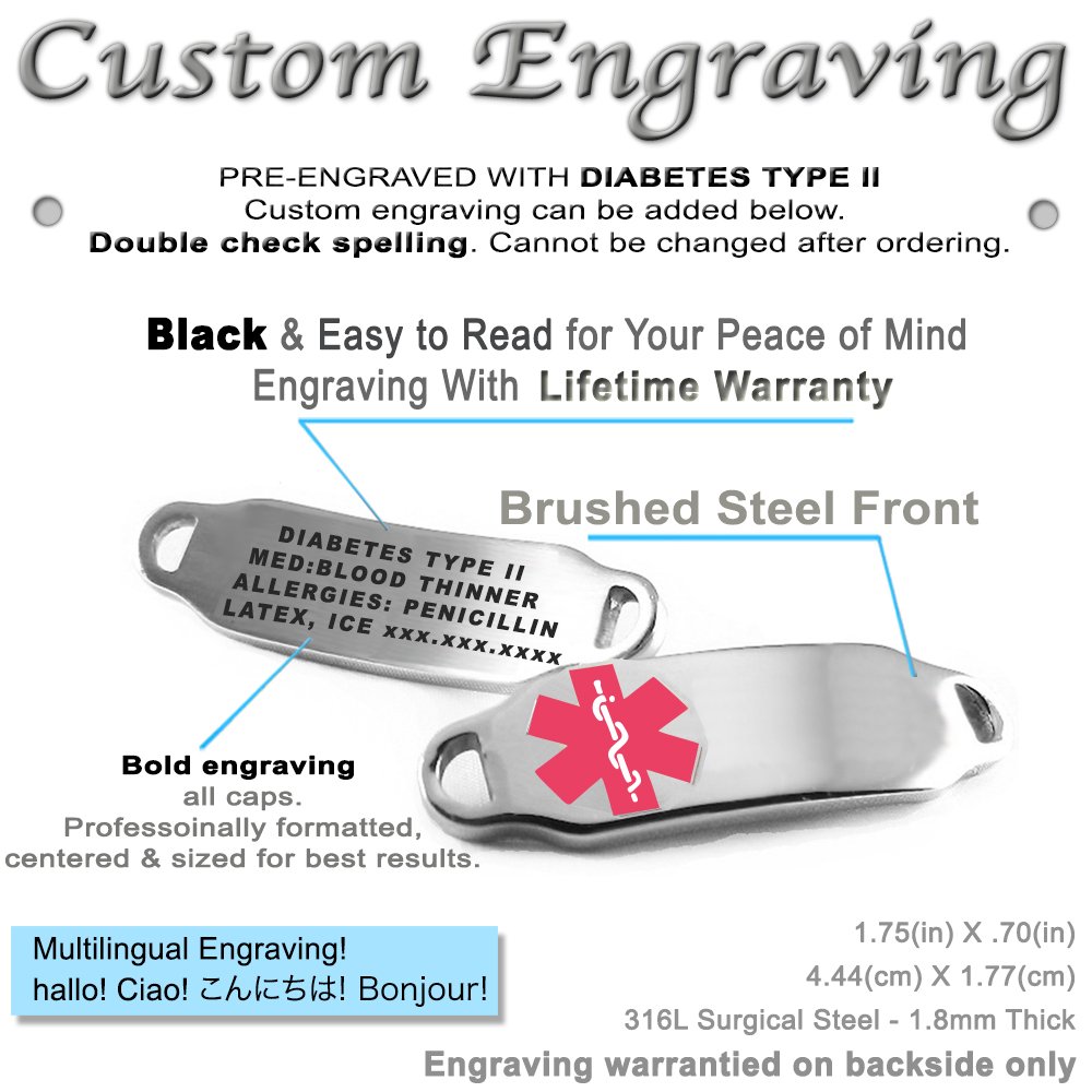 My Identity Doctor - Pre-Engraved & Customized Ladies Diabetes Type II Medical Bracelet, Heart Chain Pink