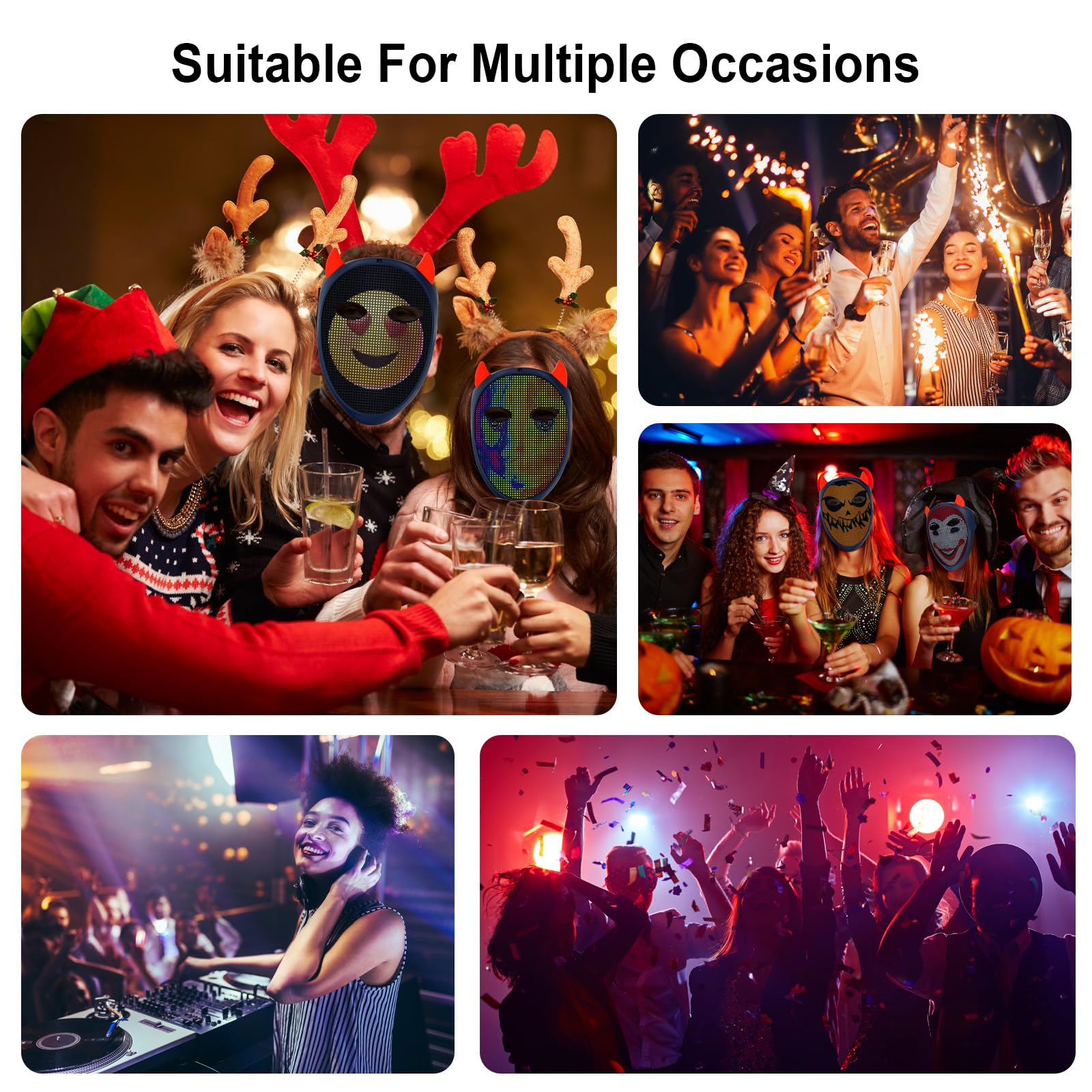 NAFEELION LED Mask with Bluetooth Compatible App Controlled, Rechargeable Halloween LED Light Up Face Mask with Inter Gesture Sensing, Suitable for Costume Cosplay Halloween Party Masquerade
