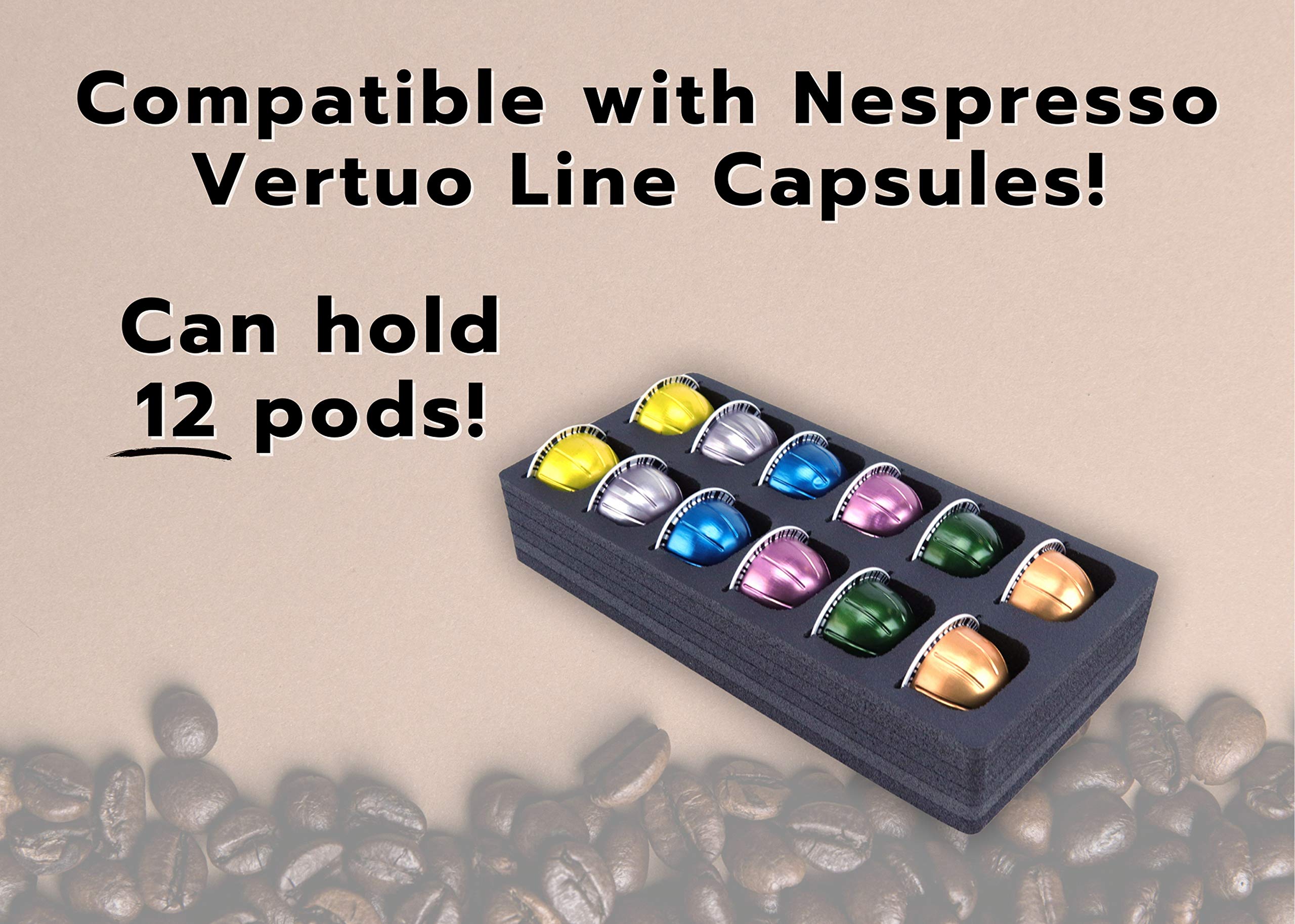 Polar Whale Coffee Espresso Capsule Drawer Organizer Tray Insert Compatible with Nespresso Vertuo VertuoLine for Kitchen Home Office Waterproof Washable Black Foam 12 Compartment 5.5 X 11.75 Inches