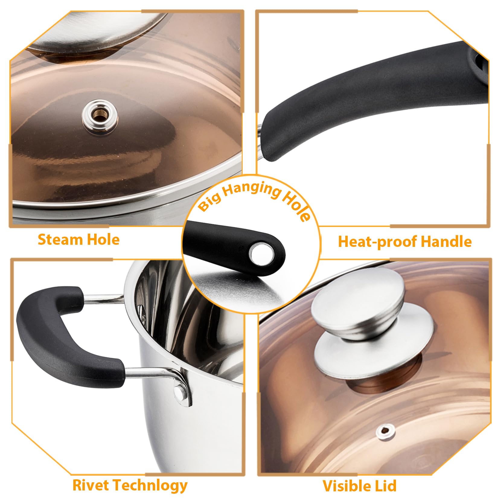 P&P CHEF 2QT Saucepan & 4QT Stockpot Set, Stainless Steel Cooking Stock Pot with Lid, Good Cookware for Kitchen Cooking Boiling, Visible Lid & Heat-proof Handle, Dishwasher Safe