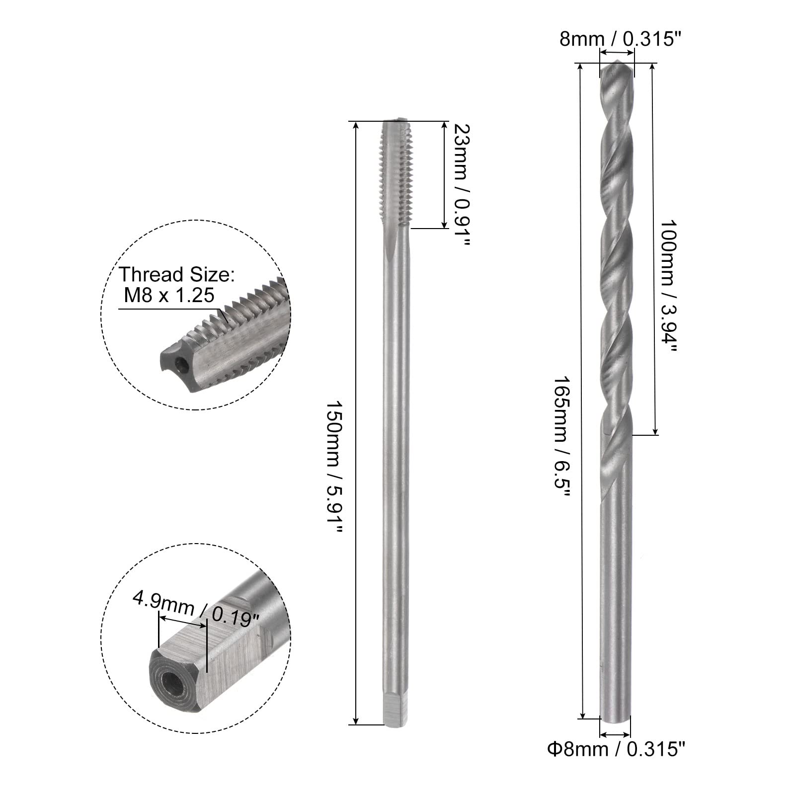 uxcell Tap & Bit Sets, M8 x 1.25 H2 Straight Flute Machine Thread Milling Tap 150mm Extra Long, 8mm High Speed Steel (HSS) Twist Drill Bit