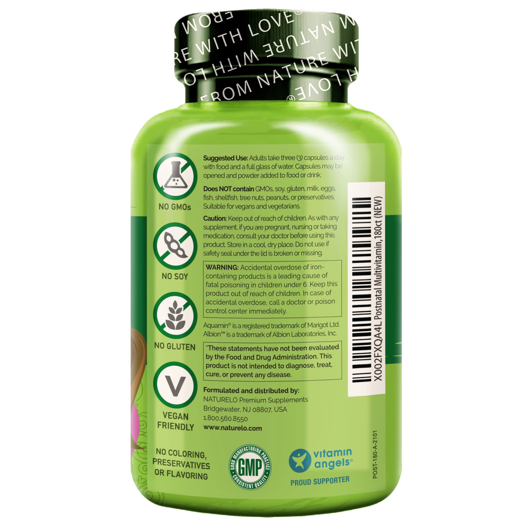 NATURELO Postnatal Multivitamin - Supplement for Breastfeeding Women - Plant-Based Vitamin D, Folate, Gentle Iron - for Nursing Mother, Baby - Post Natal Lactation Support (180 Count (Pack of 1))