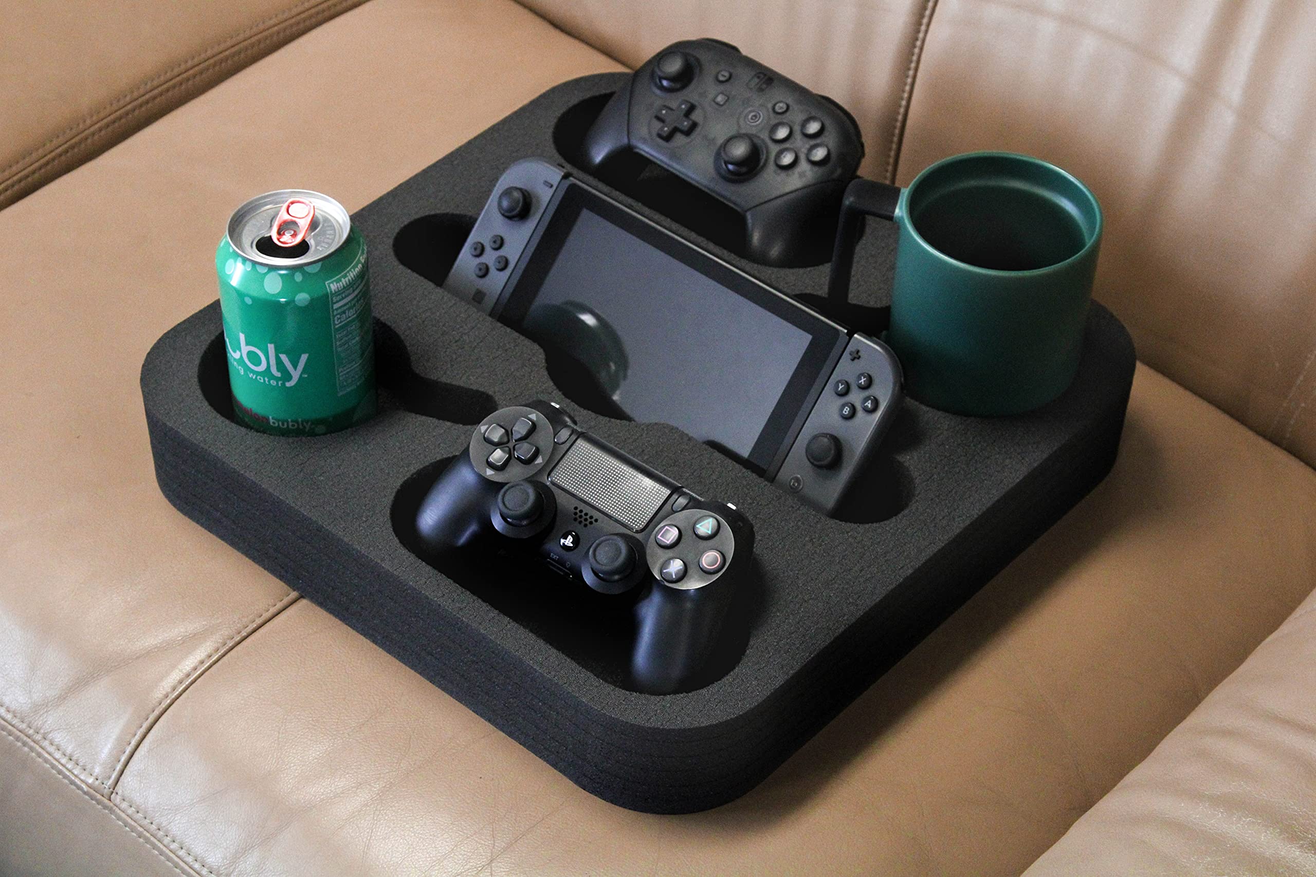 Polar Whale Couch Drink Holder Refreshment Tray for Sofa Bed Floor Car RV Lounge TV Room Durable Black Foam 5 Compartments with 2 Game Controller Slots 13.75 Inches Wide