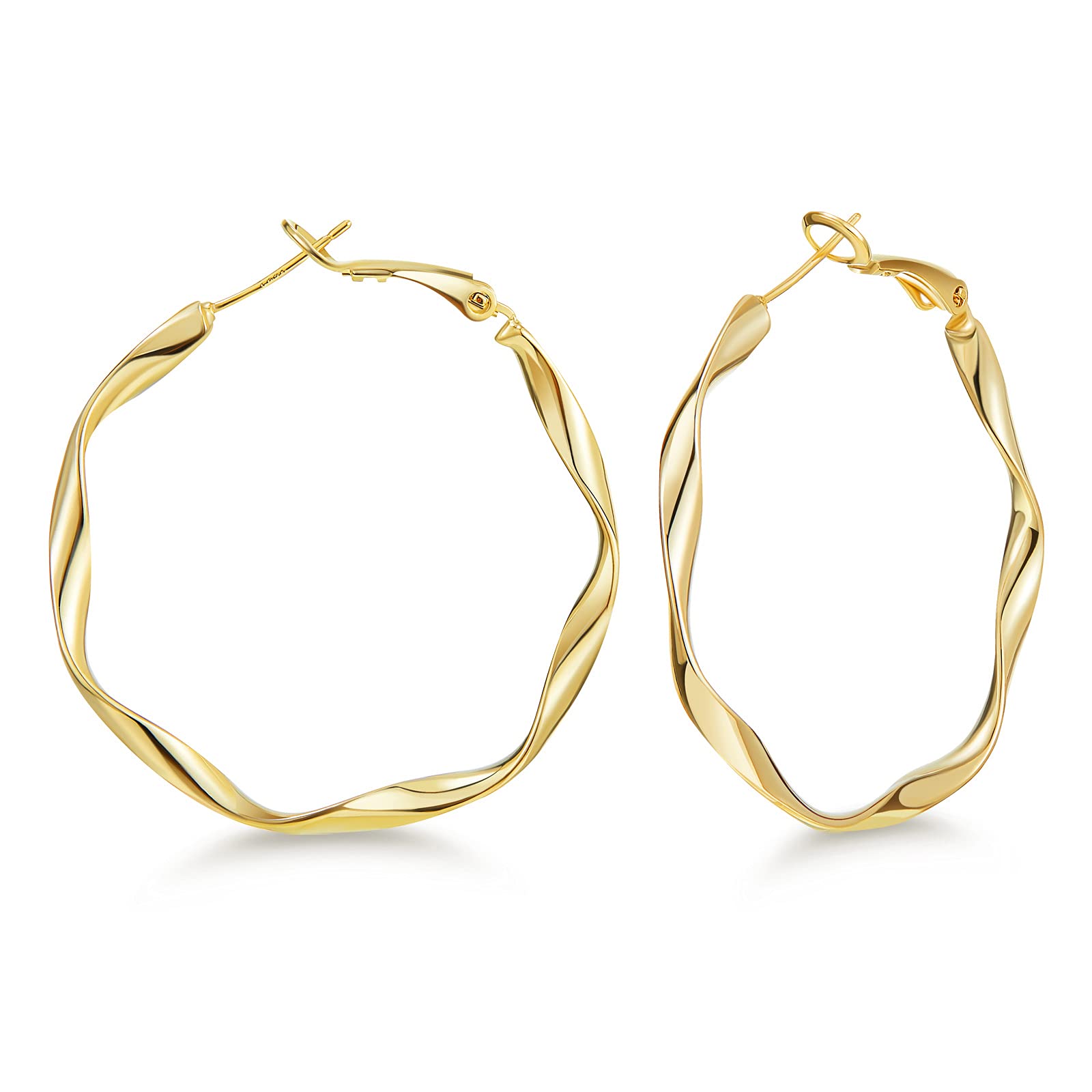 SWEETV 14K Gold Plated Hoop Earrings for Women 40mm Twisted Big Hoops 925 Sterling Silver Post Earrings Sensitive Ears