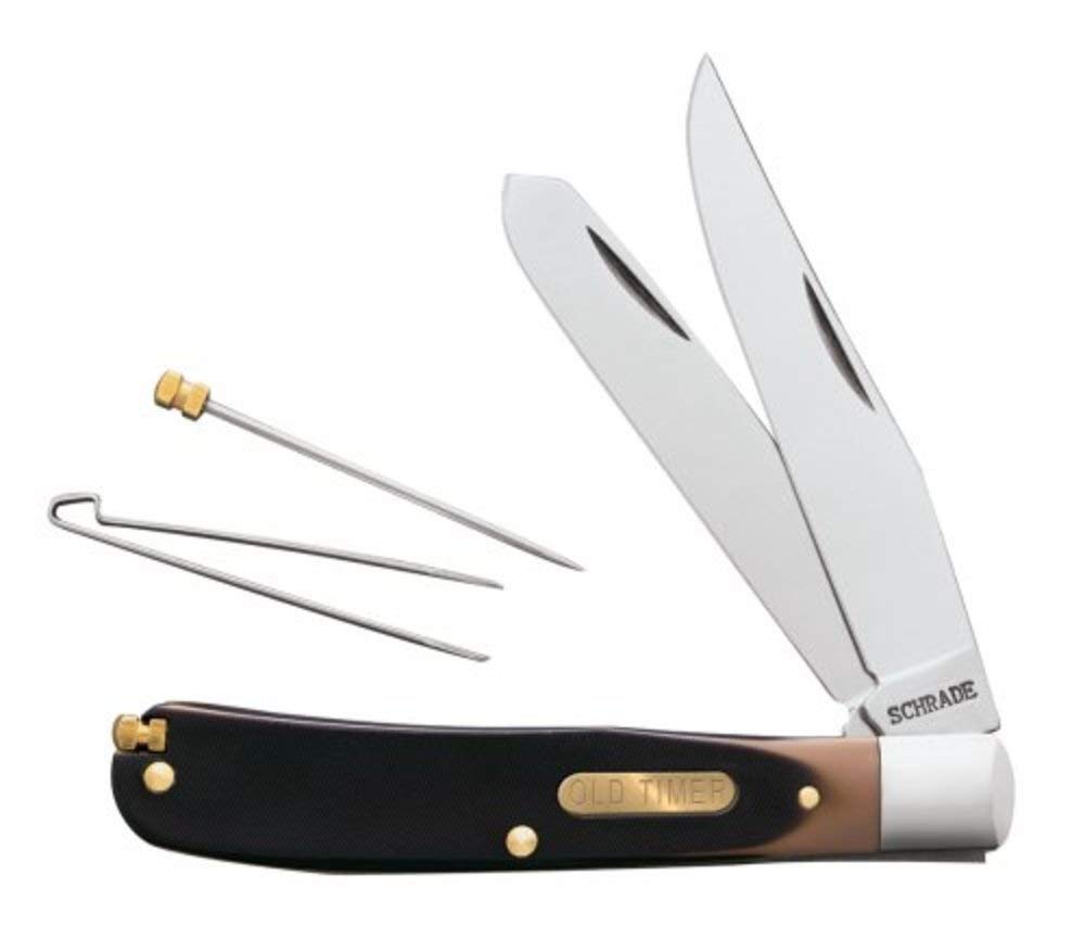 Old Timer 96OT Bearhead Trapper 7.4in Traditional Folding Pocket Knife with 2 High Carbon SS Blades, Sawcut Handle, Tweezers, and Convenient Size for EDC, Hunting, Camping, Whittling, and Outdoors