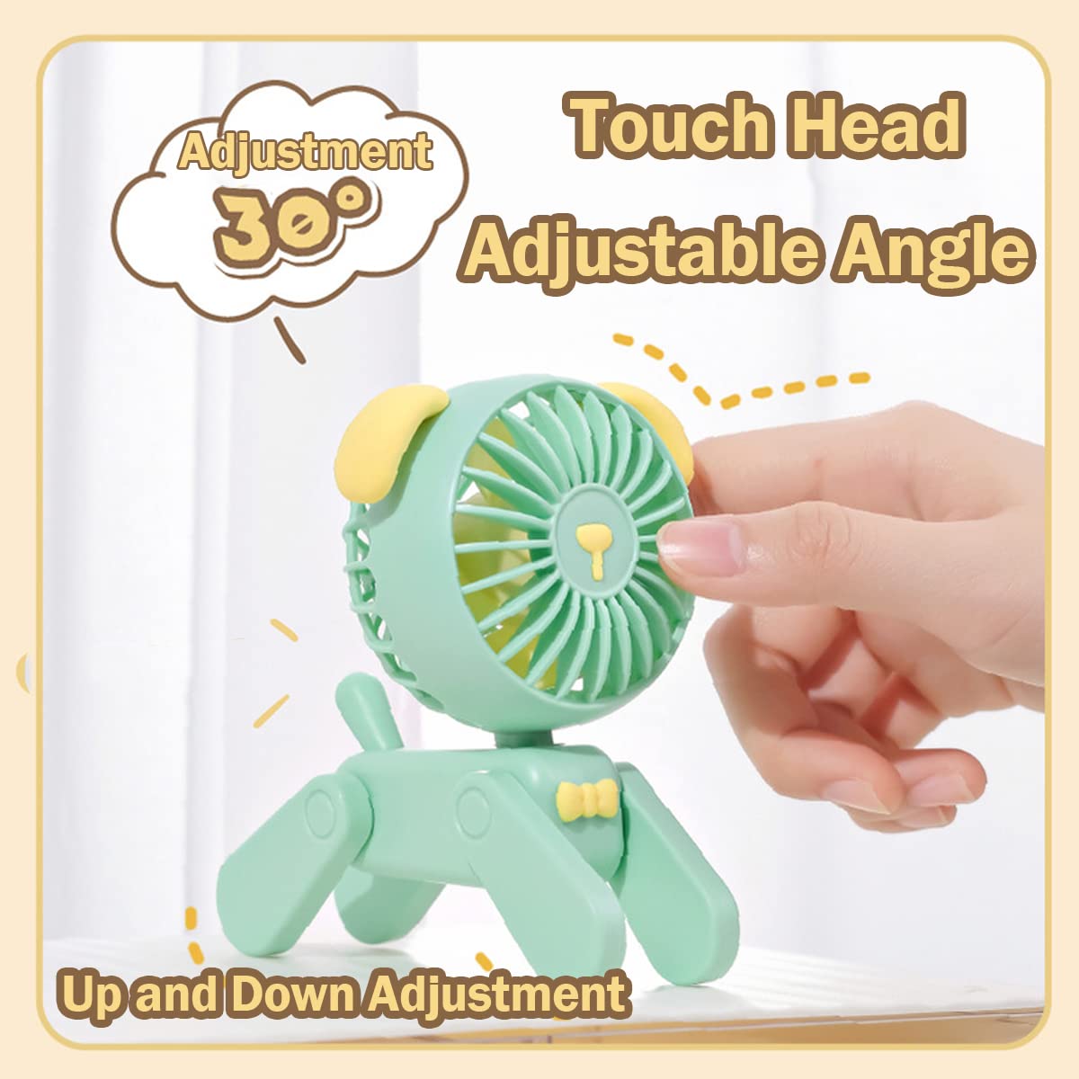 NICE POINT Mini Desk Fan for Kids,Cute Portable Rechargeable White Puppy Table Fan, 3 Speeds Children students handheld folding Small fan for Home Office Outdoor Camping