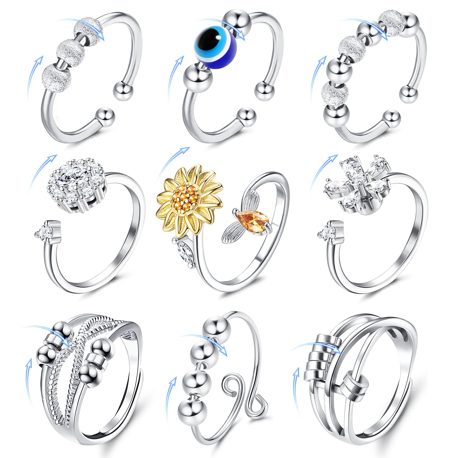 VALDEAS 9Pcs Fidget Anxiety Rings for Women Adjustable Spinner Rings Fidget Rings for Anxiety