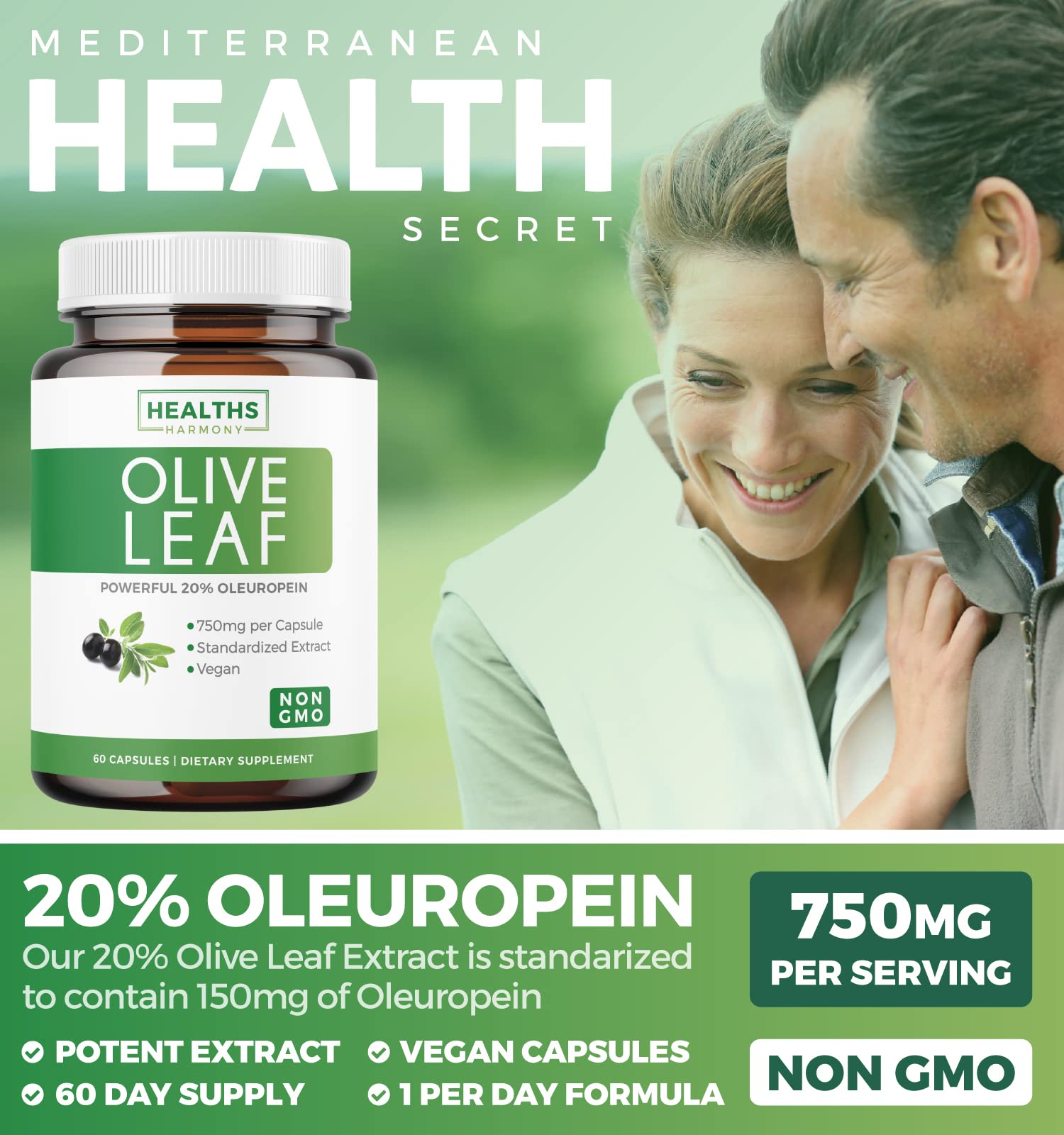 Olive Leaf Extract (Non-GMO) Super Strength: 20% Oleuropein - 750mg - Vegetarian - Immune Support Supplement, Skin Health, and Powerful Antioxidants Supplement - No Oil or Liquid - 60 Capsules
