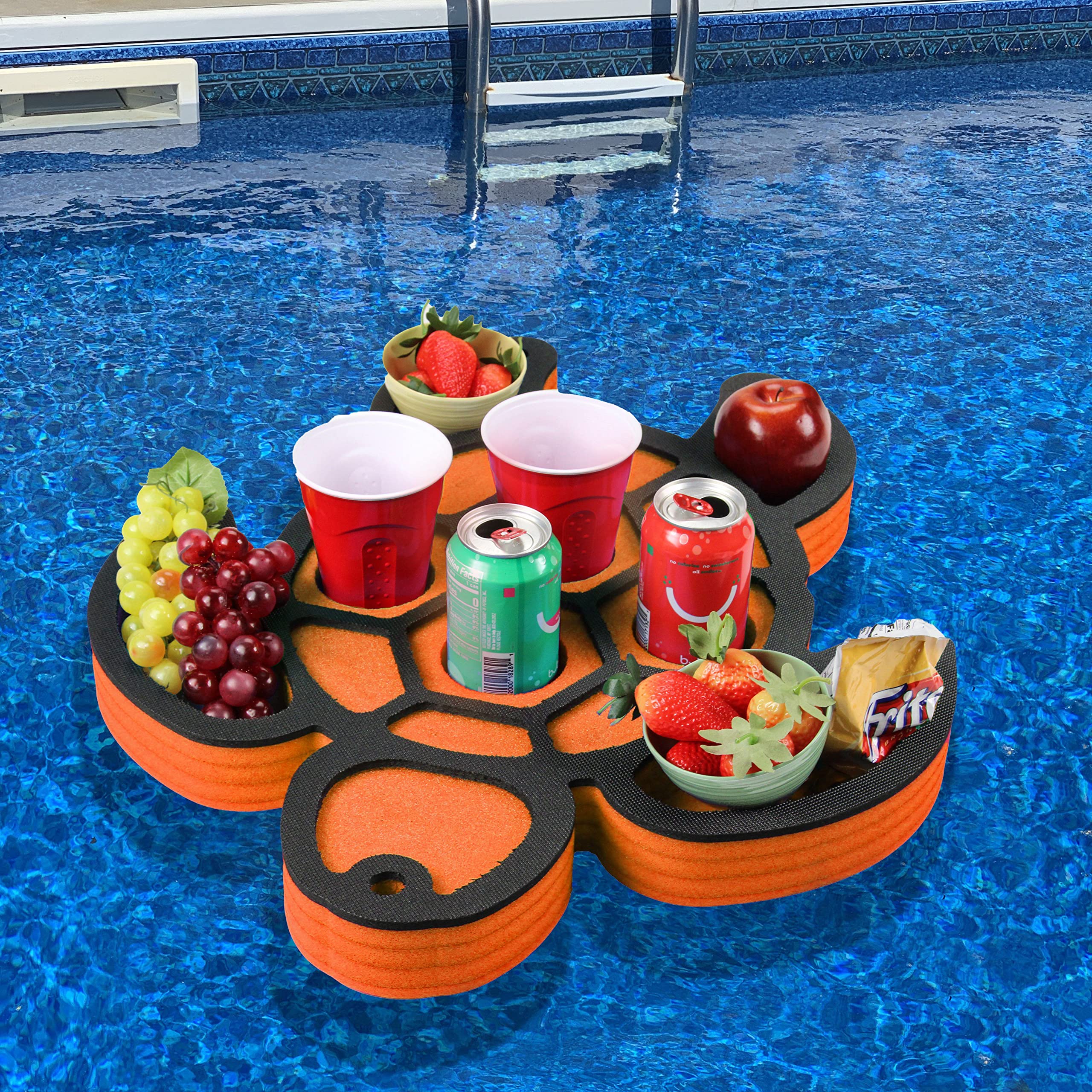 Polar Whale Floating Sea Turtle Drink Holder Orange and Black Refreshment Table Tray for Pool or Beach Party Float Lounge Durable Foam 8 Compartment with Cup Holders 2 Feet