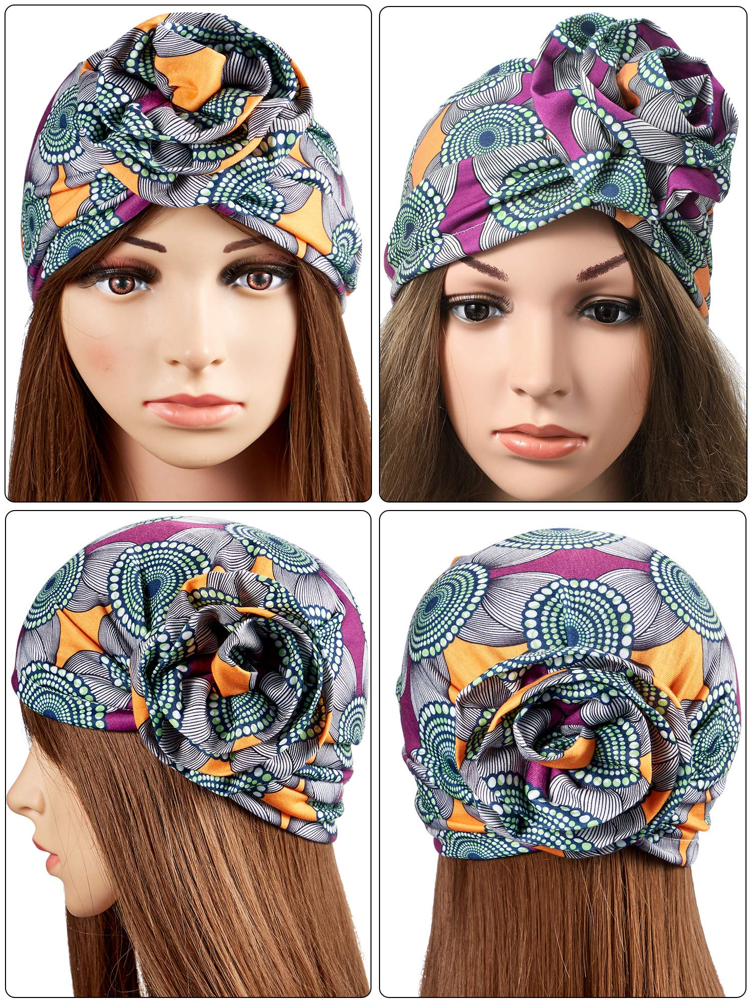 Syhood 9 Pieces African Turban Cap Flower Pattern Headwrap Elastic Knot Pre-Tied Bonnet Beanie Hat for Women Colorful