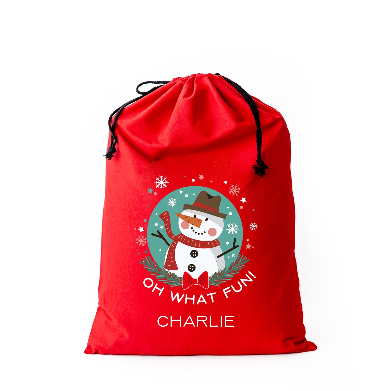 Qualtry Personalized Santa Sack Christmas Bag for Kids Presents (Snowman Design, Red 19.5” x 26”) - Large Cotton Sack with Drawstring - Giant Toy Bag with Name
