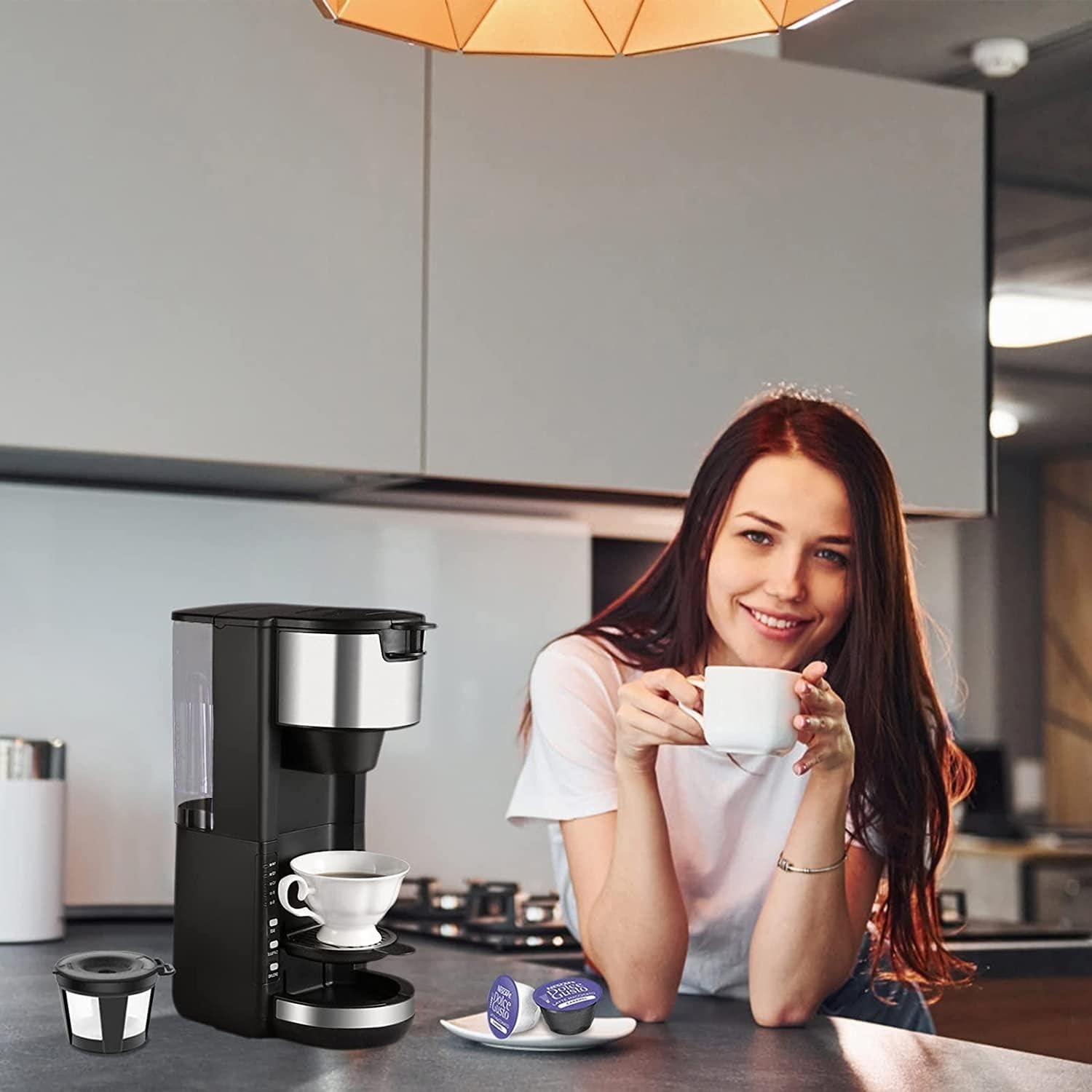 Single Serve Coffee Maker for K Cup & Ground Coffee, 6 to 14 OZ Brew Sizes, Small Coffee Maker with 30 OZ Water Reservior & Automatic Shut-Off Function, Adjustable Drip Tray