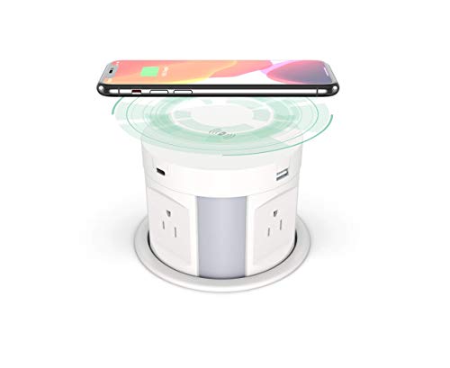 XBA Automatic Pop up Outlet for Countertop Retractable Hidden Recessed Power Strip, 4 AC Outlets, 2 Type-A and 2 Type-C USB Port Pop Up Socket for Countertop Kitchen Office Table Workshop (White)